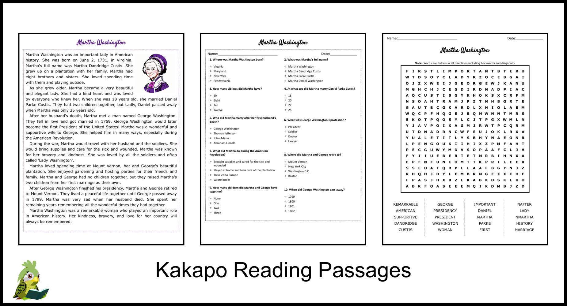 Martha Washington Reading Comprehension and Word Search | Teaching ...