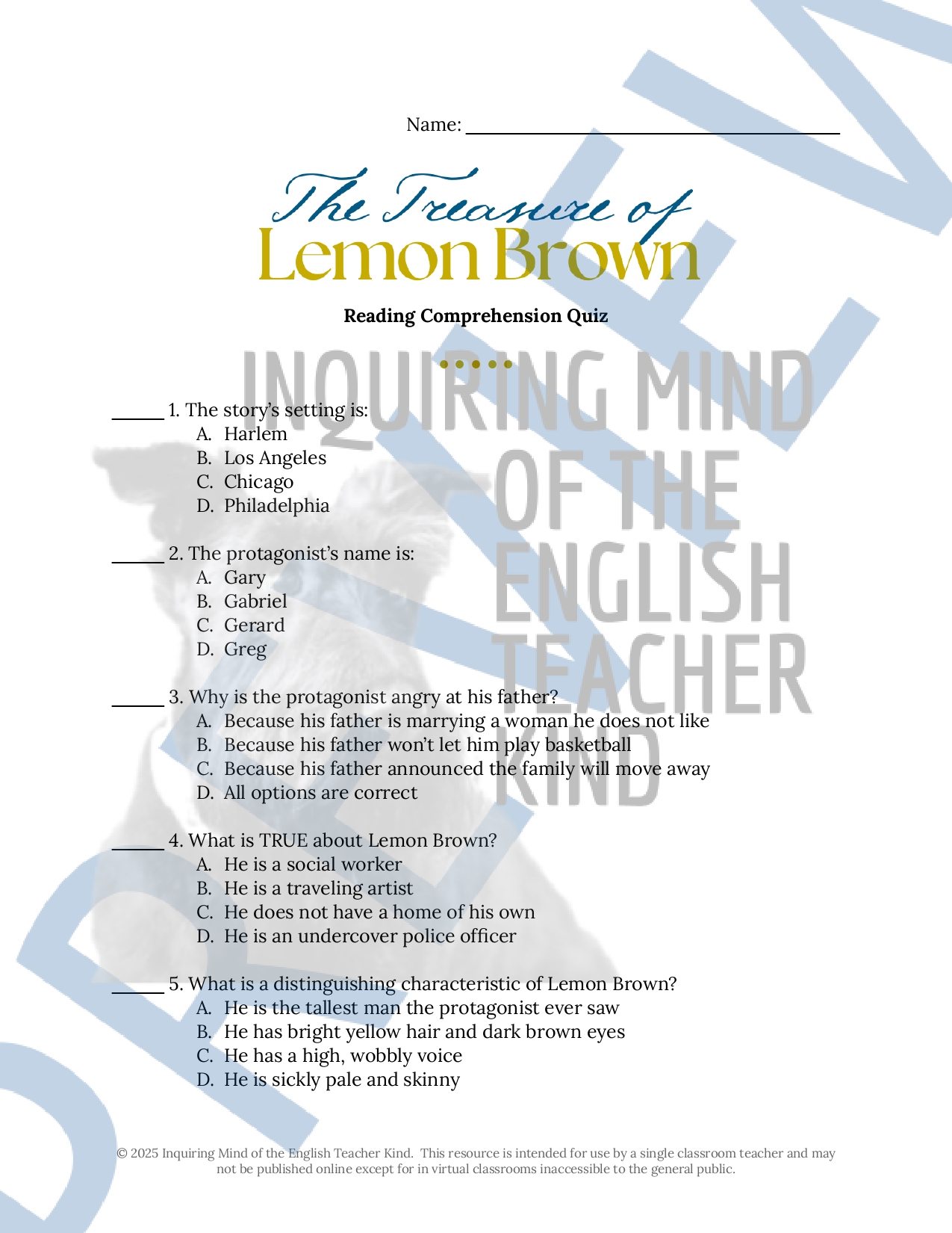 "The Treasure of Lemon Brown" by Walter Dean Myers Quiz and Answer Key ...