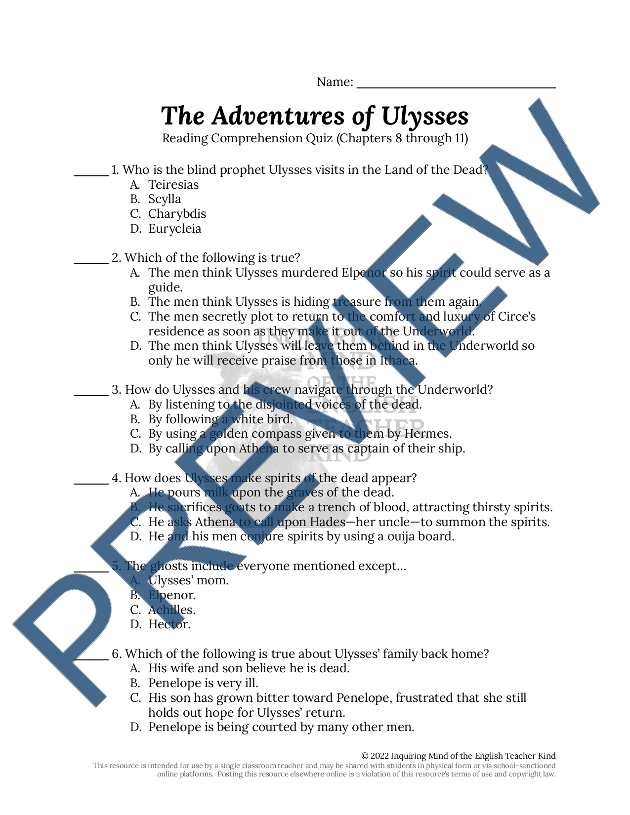 Adventures of Ulysses Chapters 8 through 11 Quiz and Answer Key ...