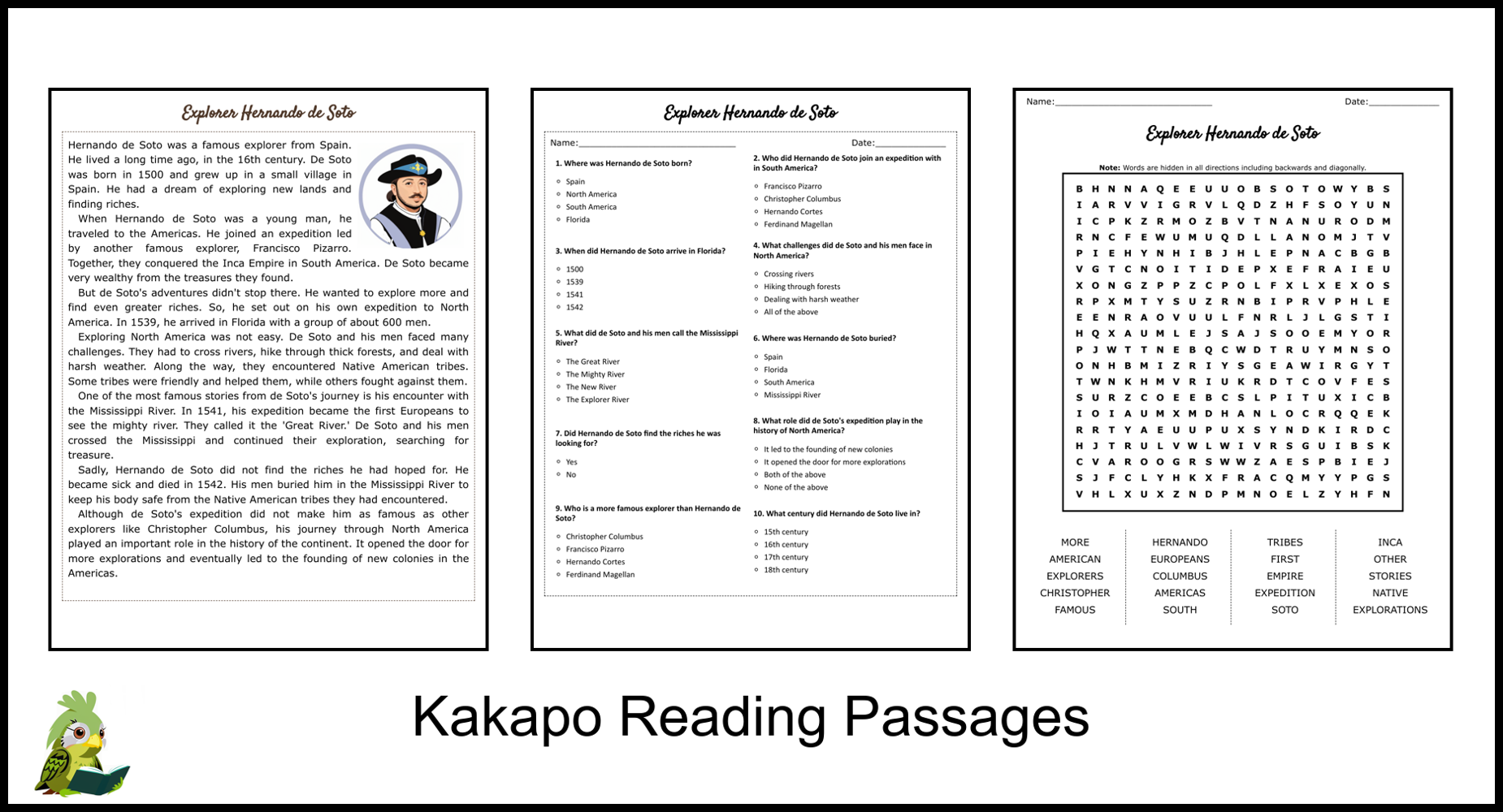 Explorer Hernando de Soto Reading Comprehension and Word Search ...