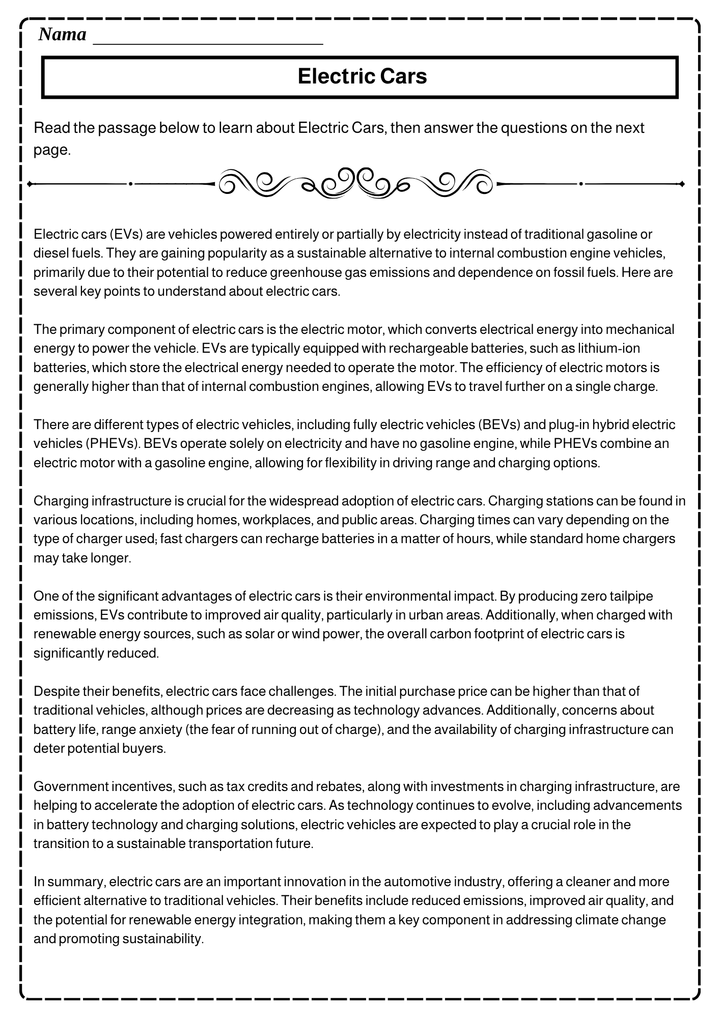 Electric Cars Reading Comprehension Passages & Questions Worksheets ...