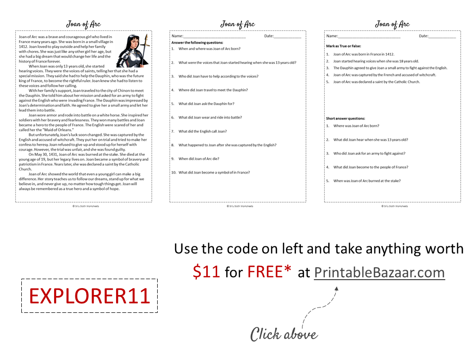 Joan of Arc Biography Reading Comprehension Passage Printable Worksheet ...