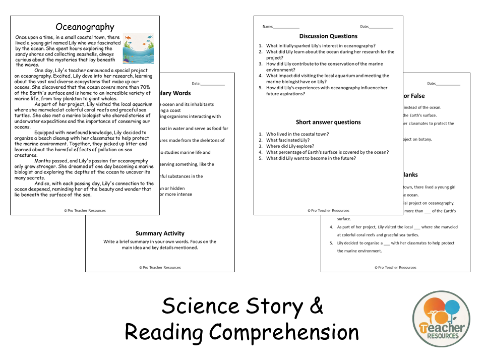 Oceanography Reading Science Story Comprehension Questions Worksheet ...