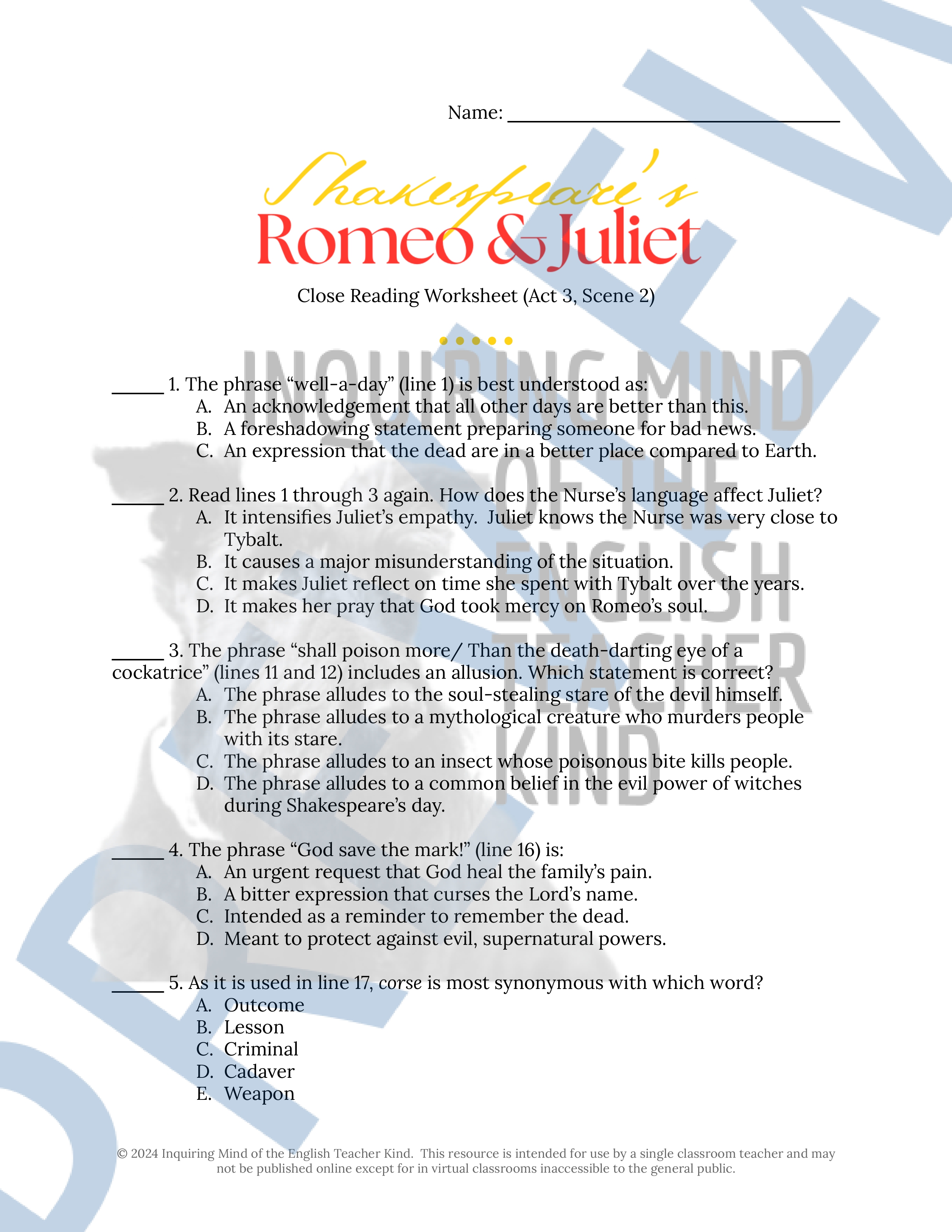 Romeo and Juliet Act 3 Scene 2 Close Reading Worksheet | Teaching Resources