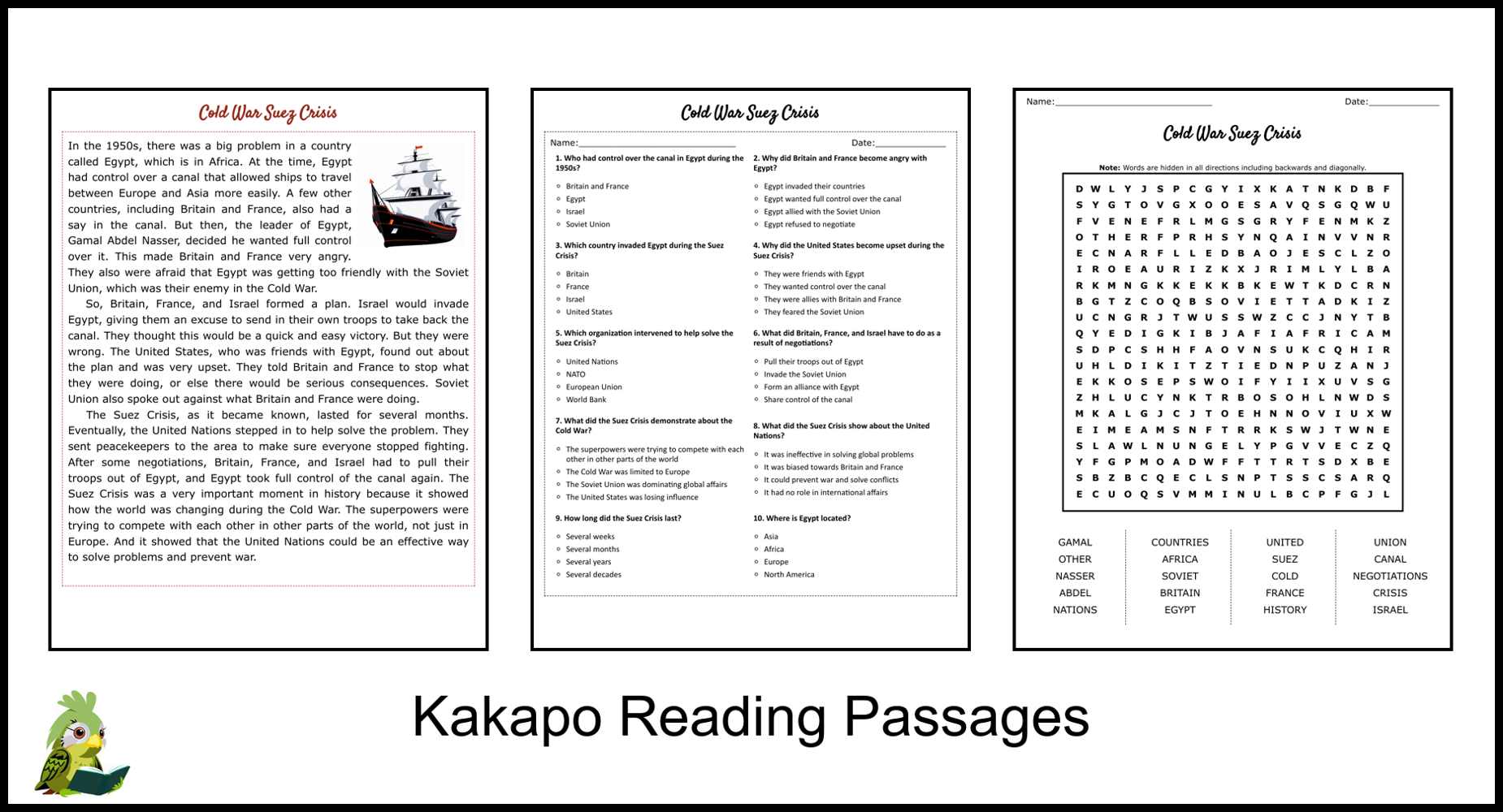 Cold War Suez Crisis Reading Comprehension and Word Search | Teaching ...