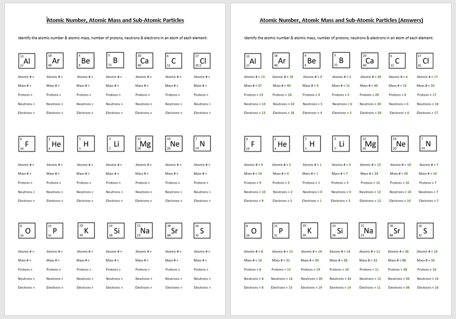 Atomic Number/Mass/Subatomic Particles Worksheet/Revision | Teaching ...