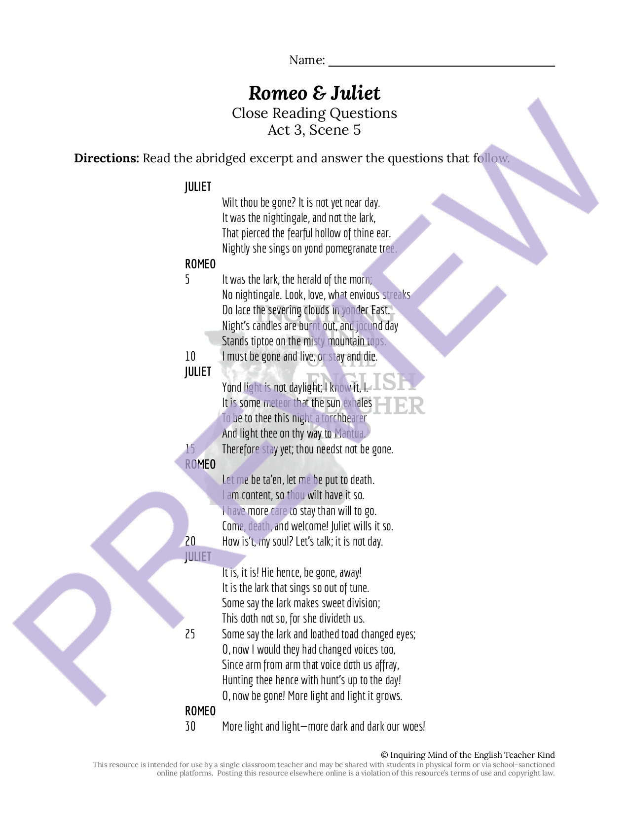 Romeo and Juliet Act 3 Scene 5 Close Reading Worksheet | Teaching Resources