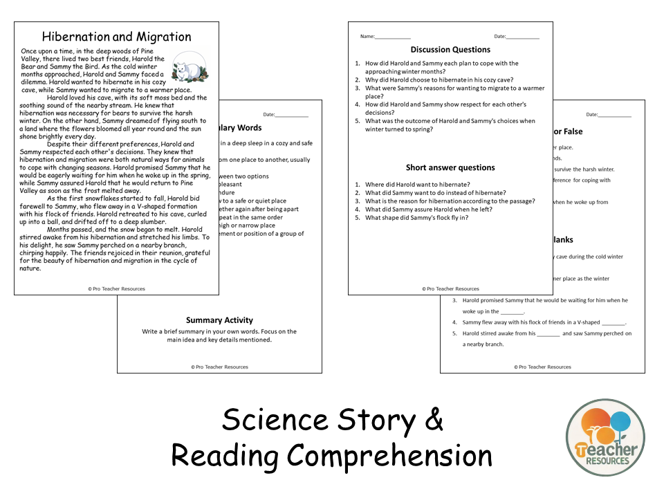 Hibernation and Migration Reading Science Story Comprehension Questions ...