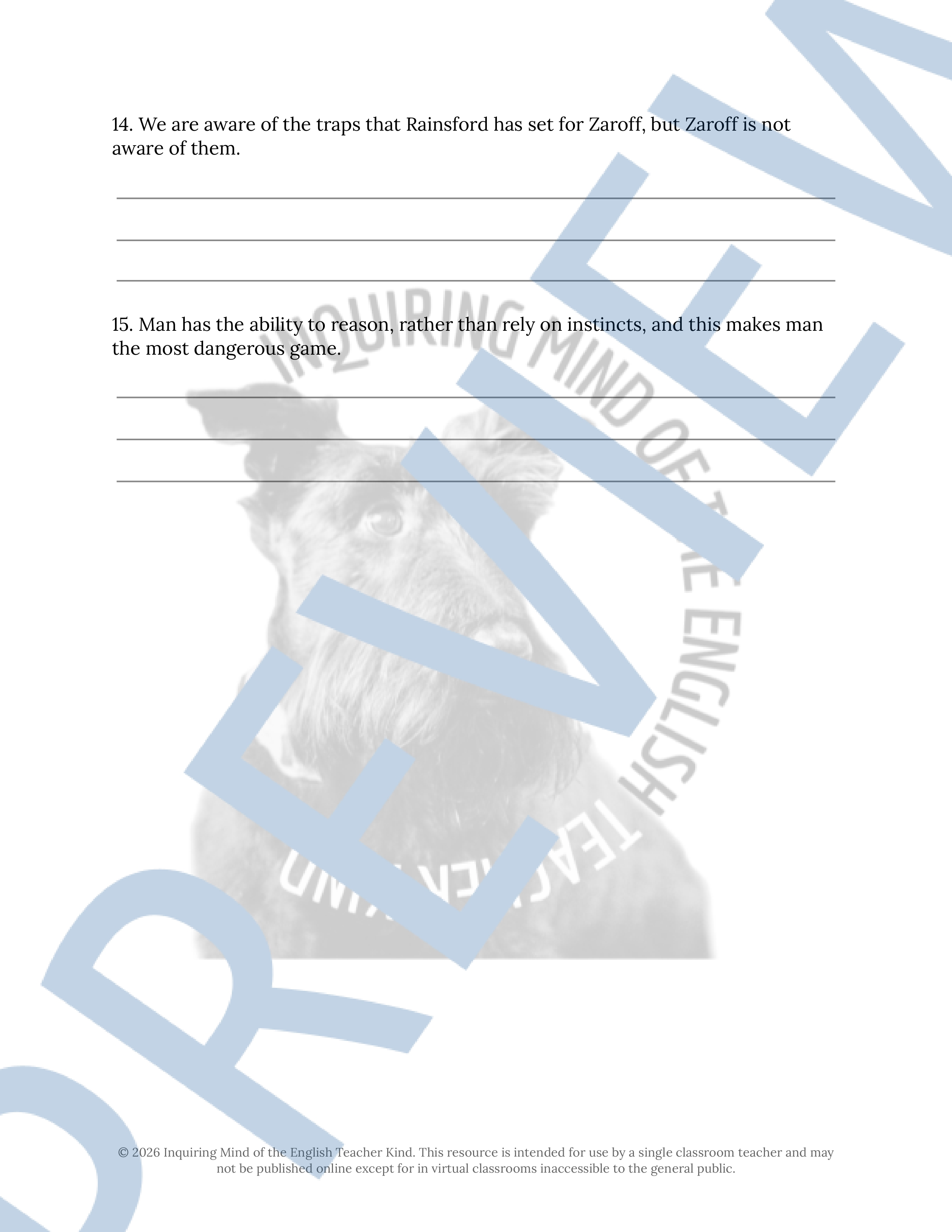 "The Most Dangerous Game" Literary Elements Worksheets | High School ...