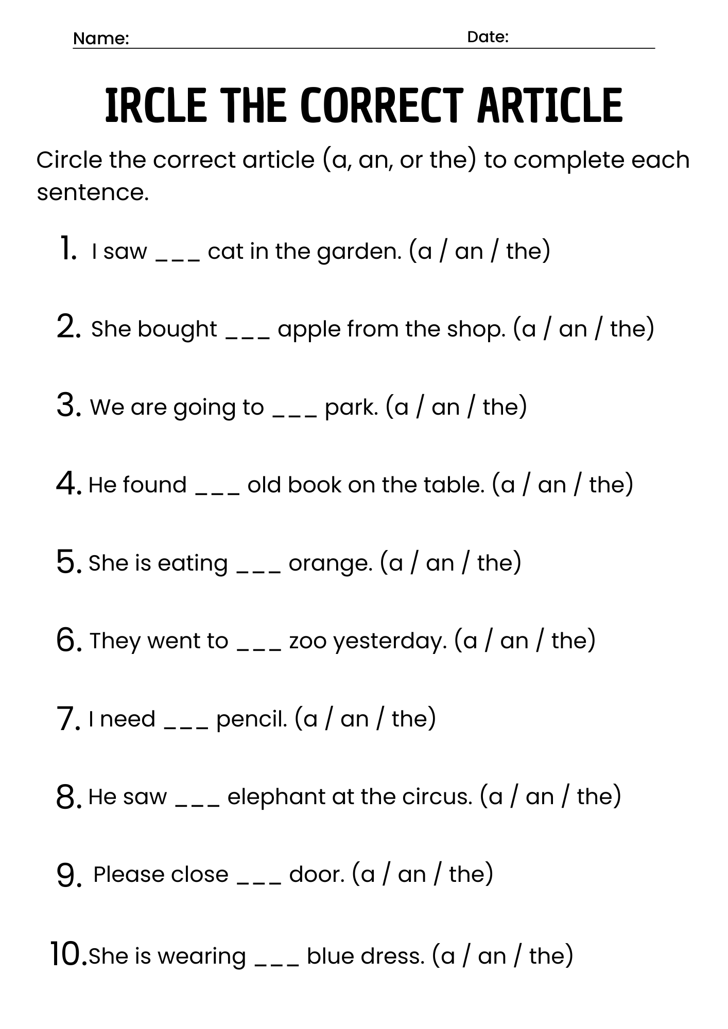 English Articles Worksheet For Grade 3