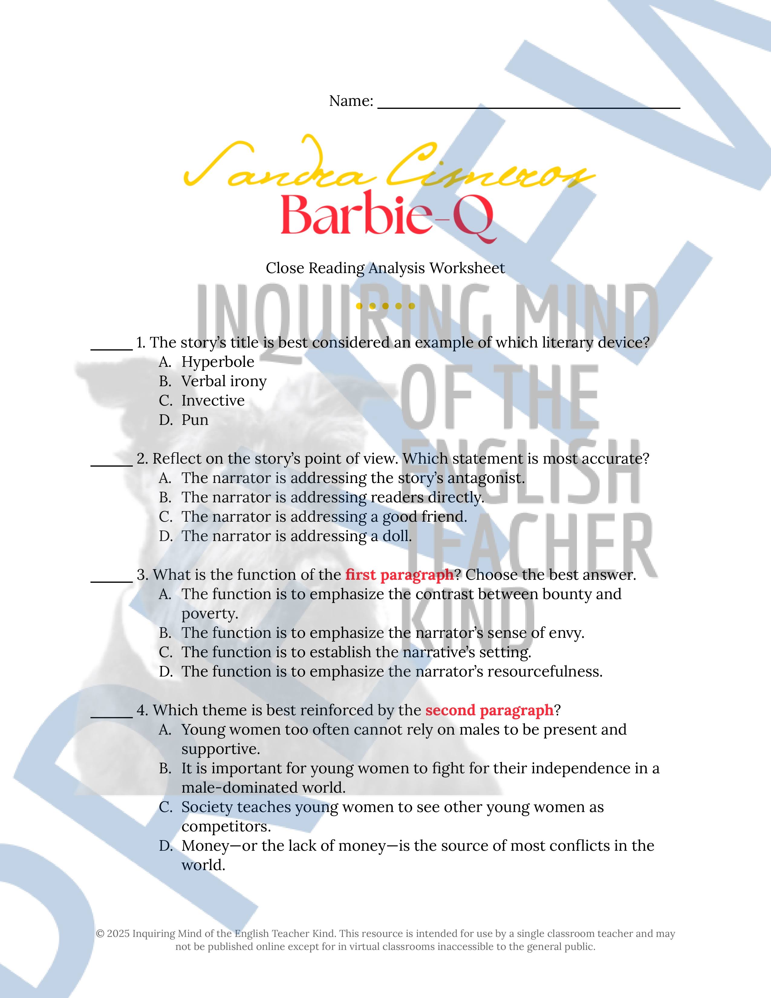 "Barbie-Q" by Sandra Cisneros Literary Analysis Worksheet | Critical ...