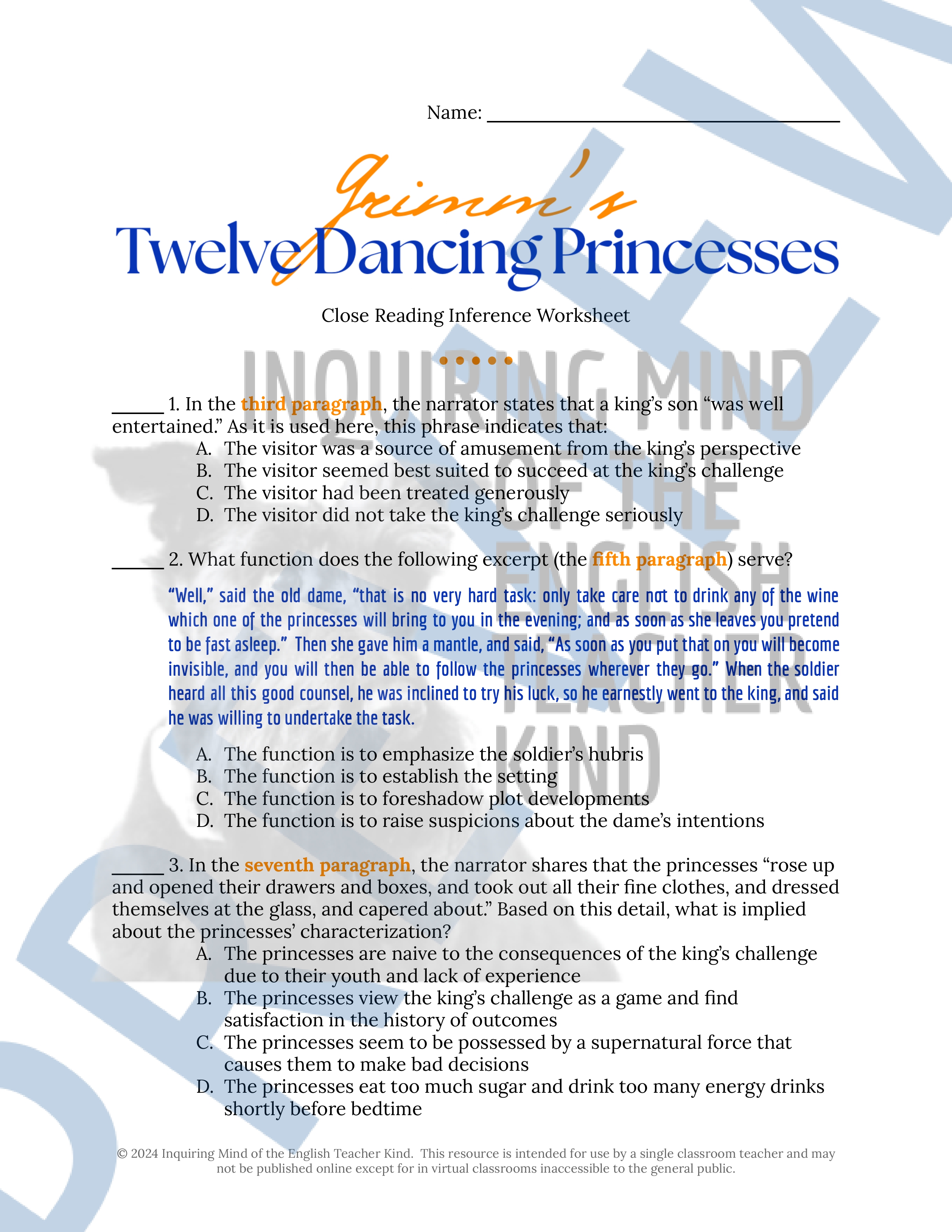 "The Twelve Dancing Princesses" by the Brothers Grimm Quiz and Answer ...
