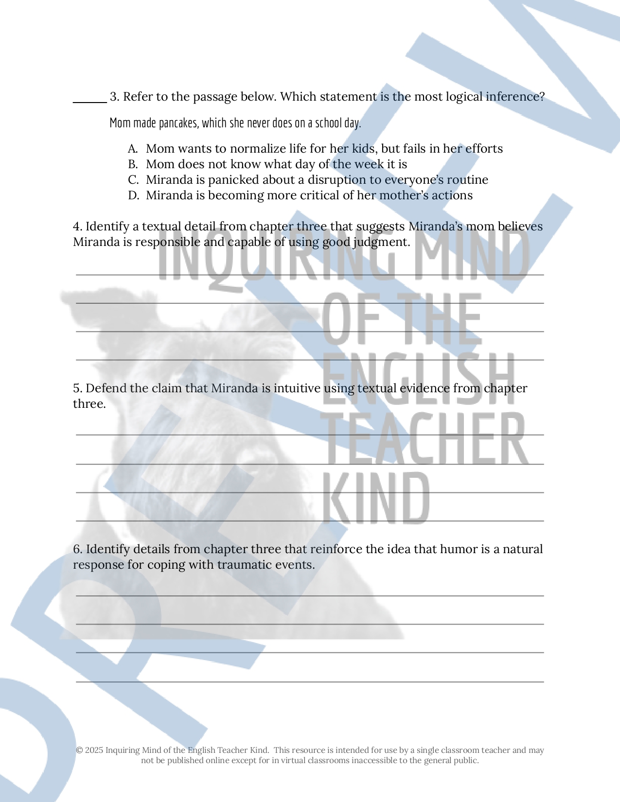 Life As We Knew It Chapter 3 Close Reading Inference Worksheet and ...