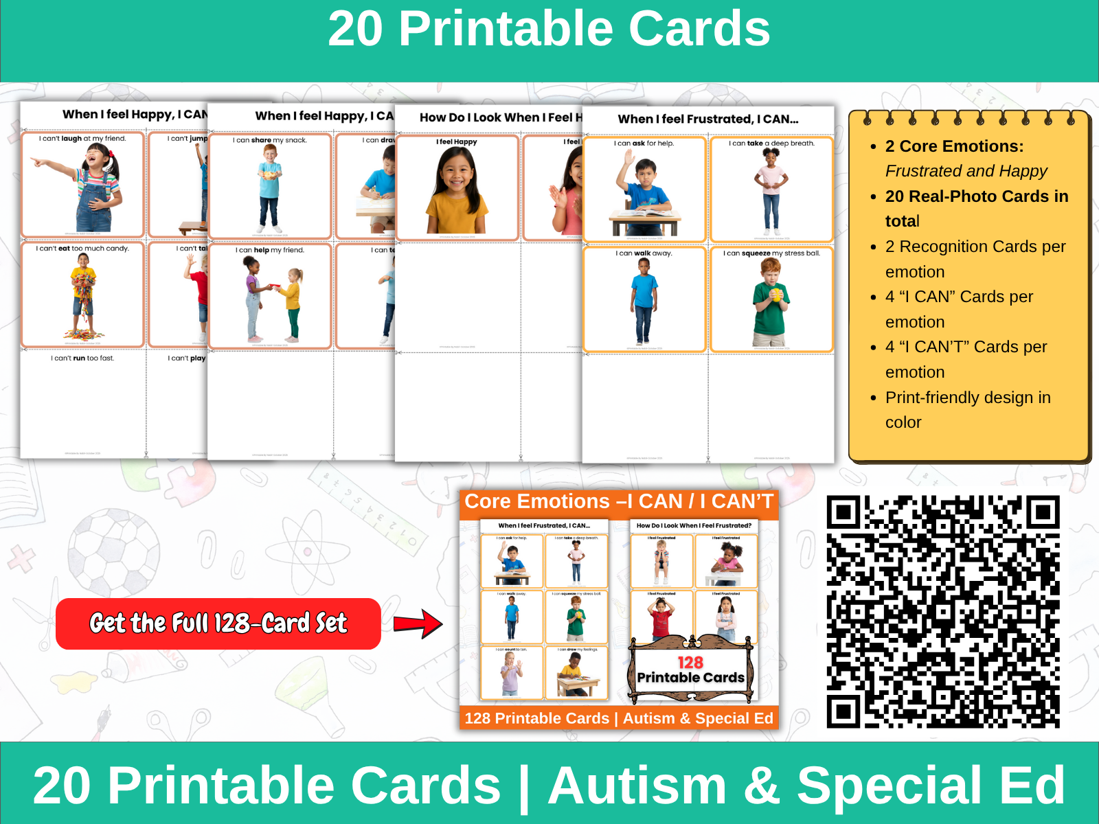 Free Core Emotions Cards for Kids with Autism | I CAN / I CAN’T SEL ...
