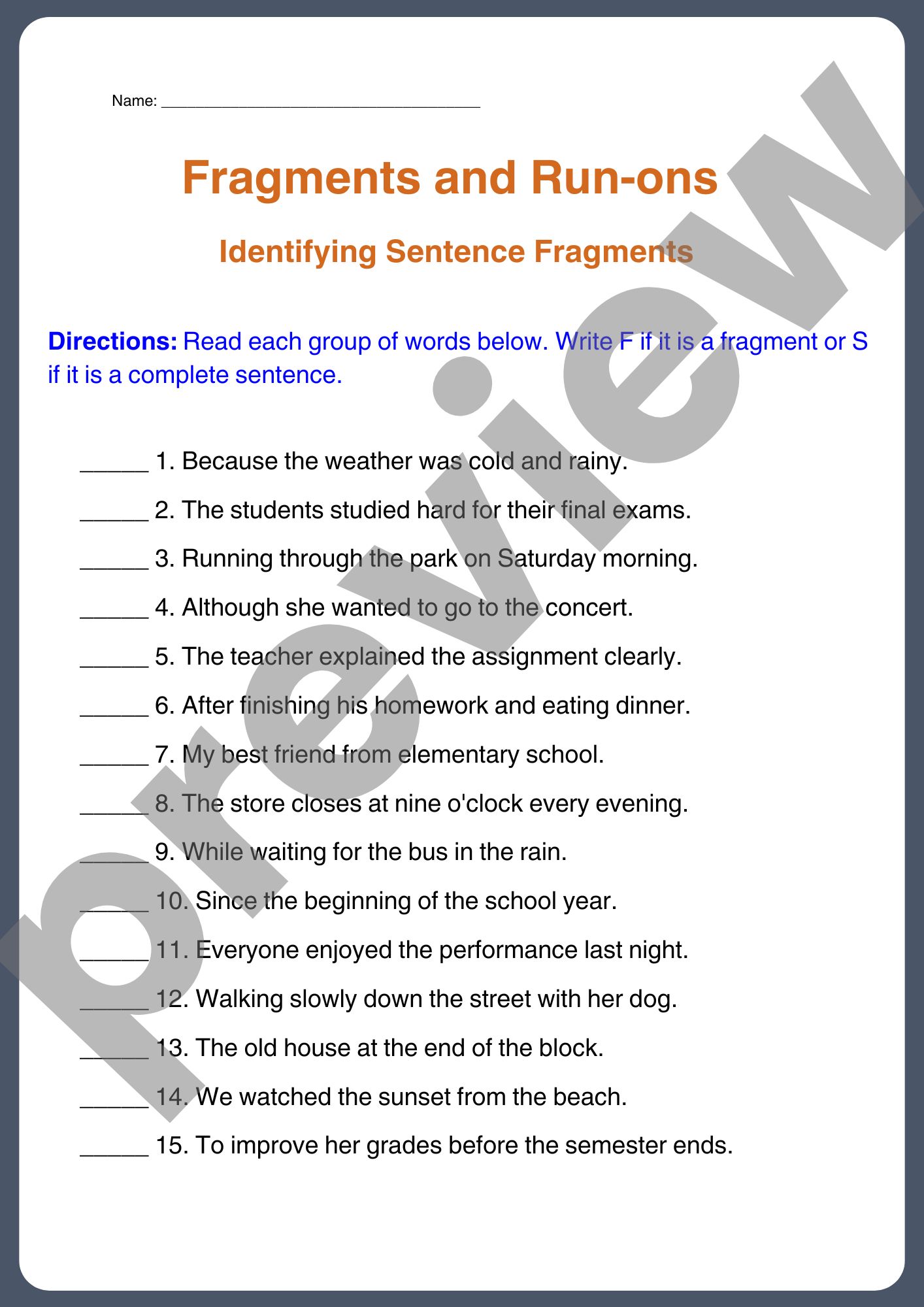 Fragments and Run-ons Worksheets | Grammar Practice | Teaching Resources