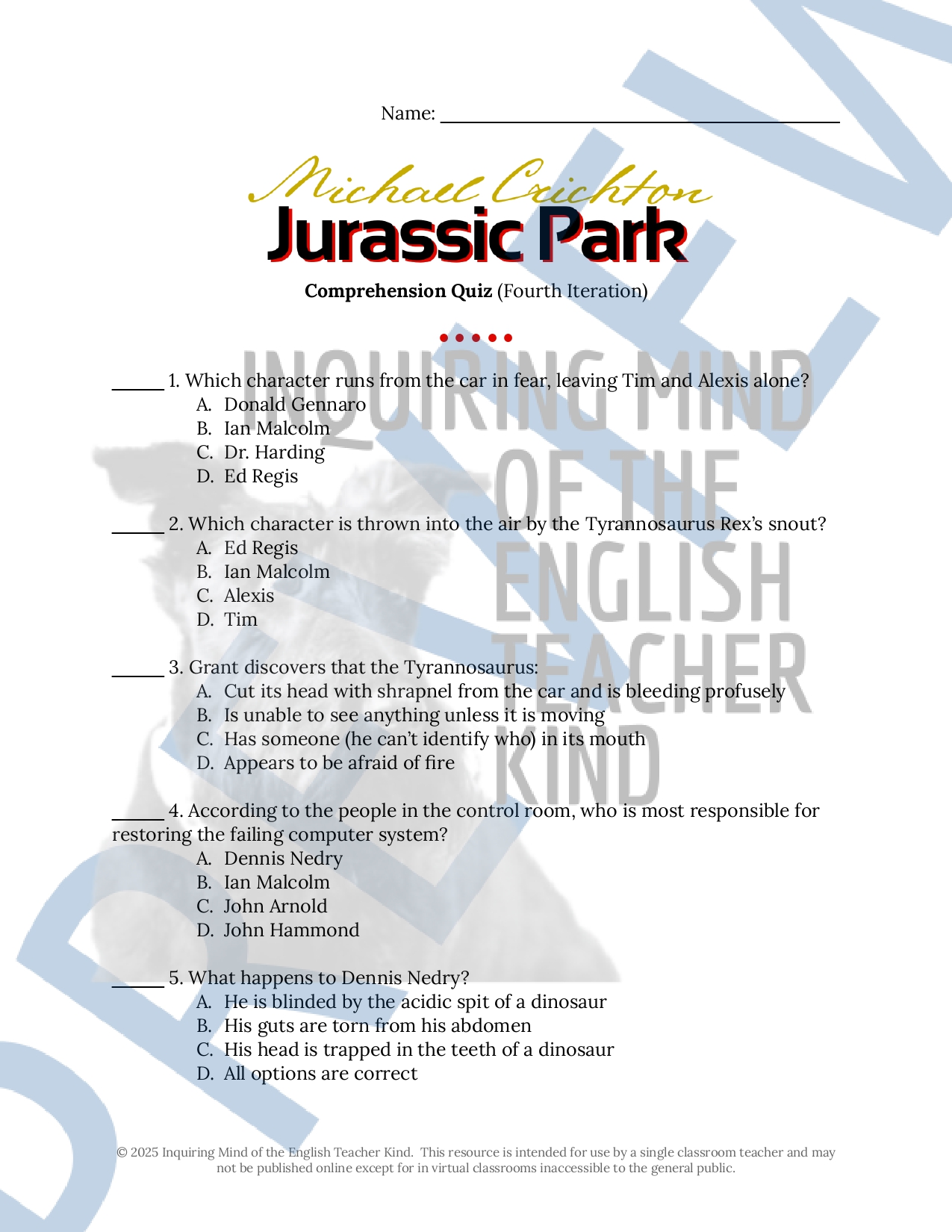 Jurassic Park by Michael Crichton Fourth Iteration Quiz and Answer Key ...