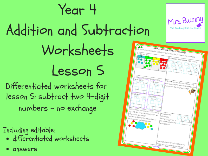 Subtract Two 4 digit Numbers No Exchange Worksheets Year 4 Addition 