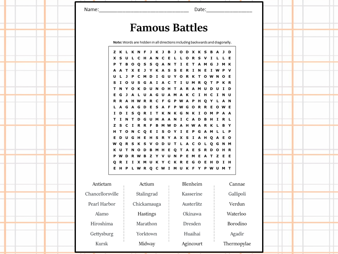 Famous Battles Word Search Puzzle Worksheet Activity | Teaching Resources
