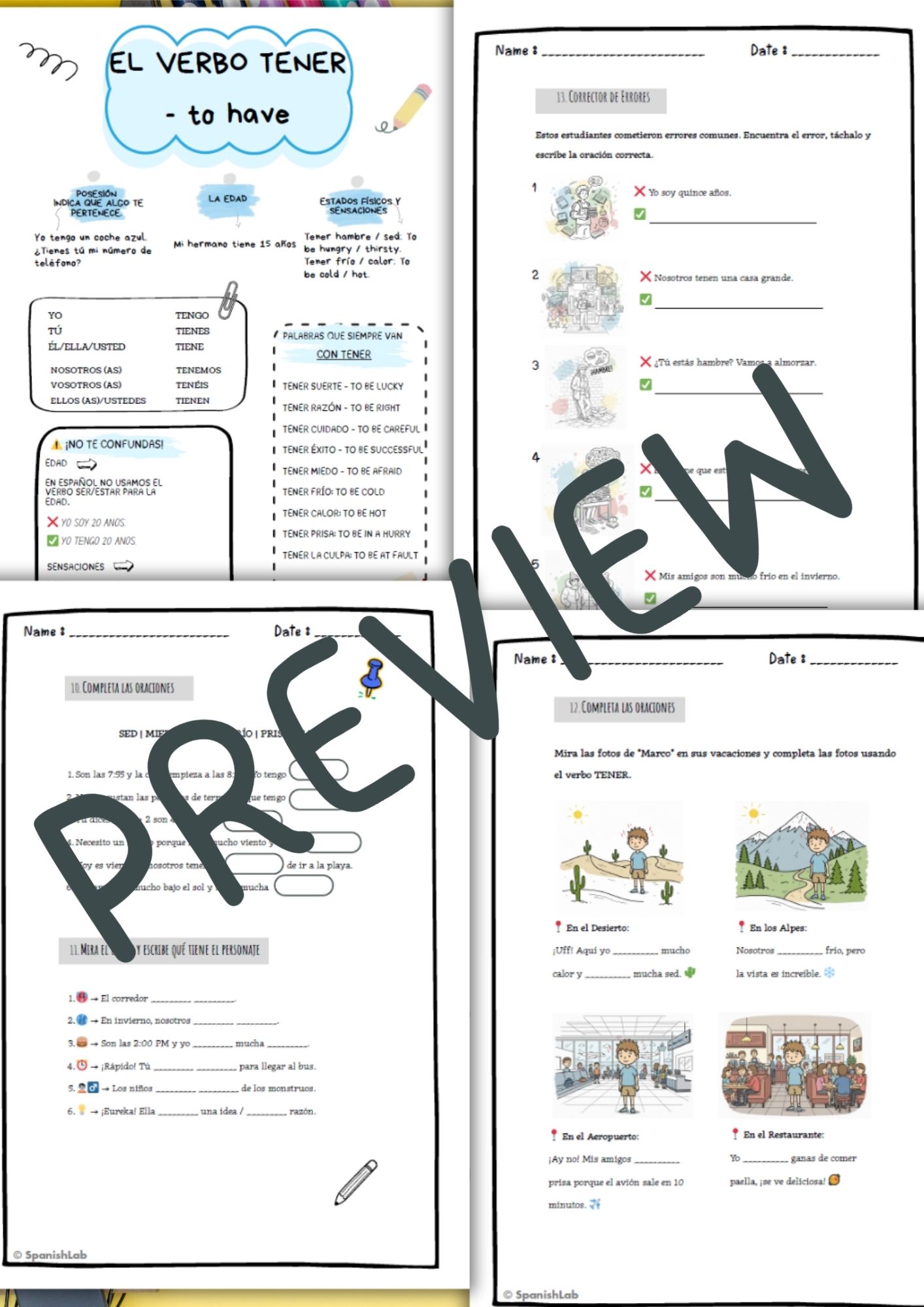 Spanish Verb TENER Worksheets A1 - A2 | Spanish Grammar Activities ...