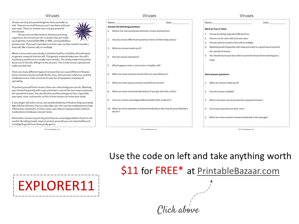 Viruses Reading Comprehension Passage Printable Worksheet | Teaching ...