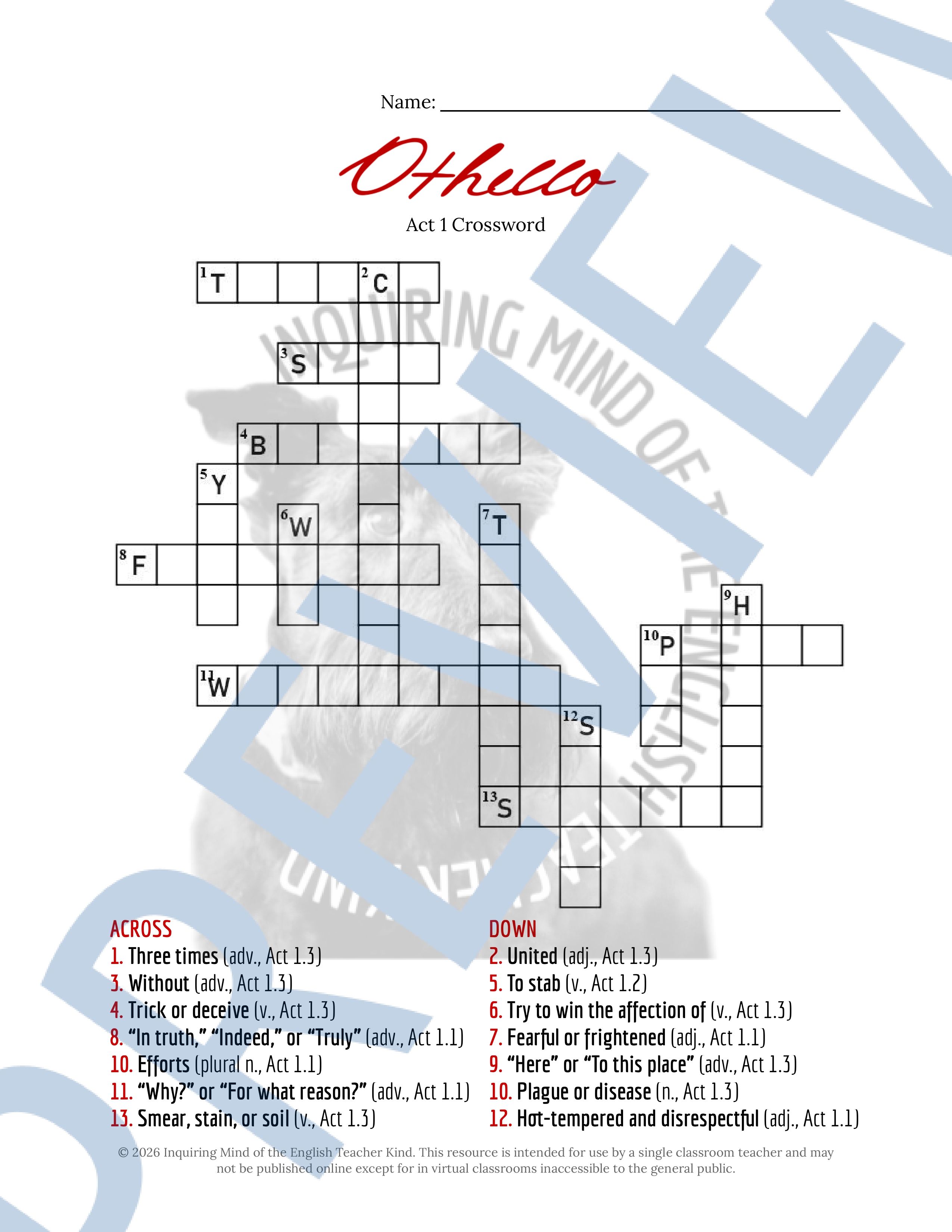 Shakespeare's Othello Act 1 Vocabulary Games | Crossword Puzzle | Word ...
