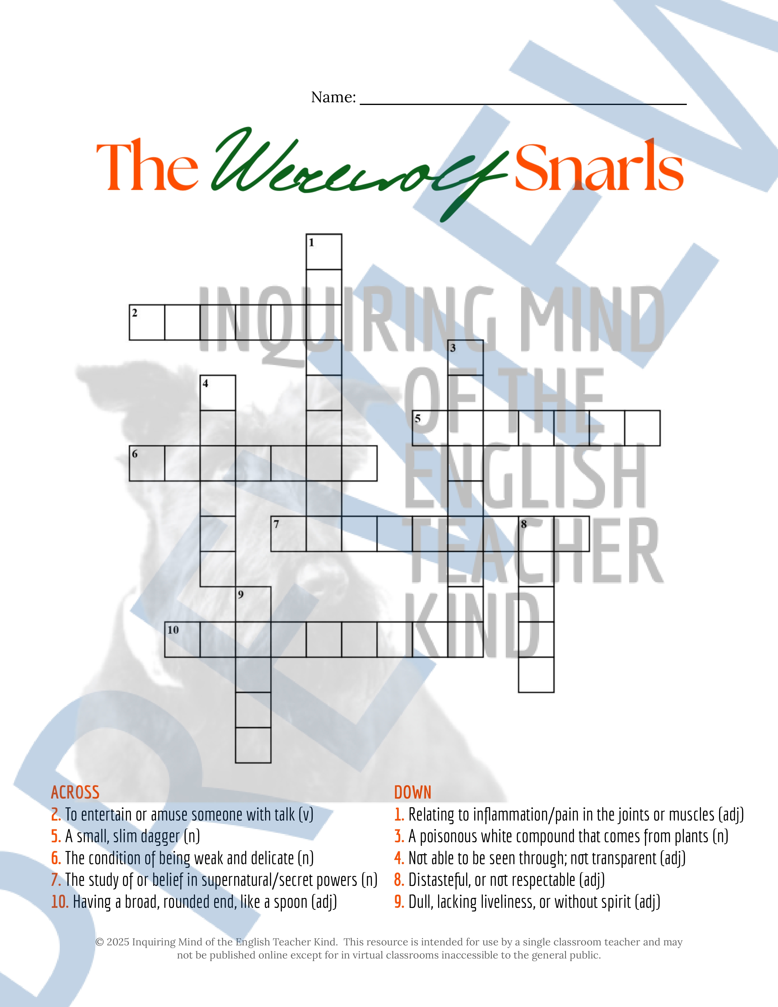 "The Werewolf Snarls" by Manly Wade Wellman Vocabulary Games ...