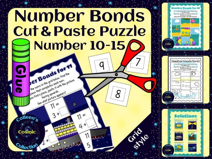 Number Bonds Self-Checking Cut and Paste Grid Puzzles for numbers 10-15 ...