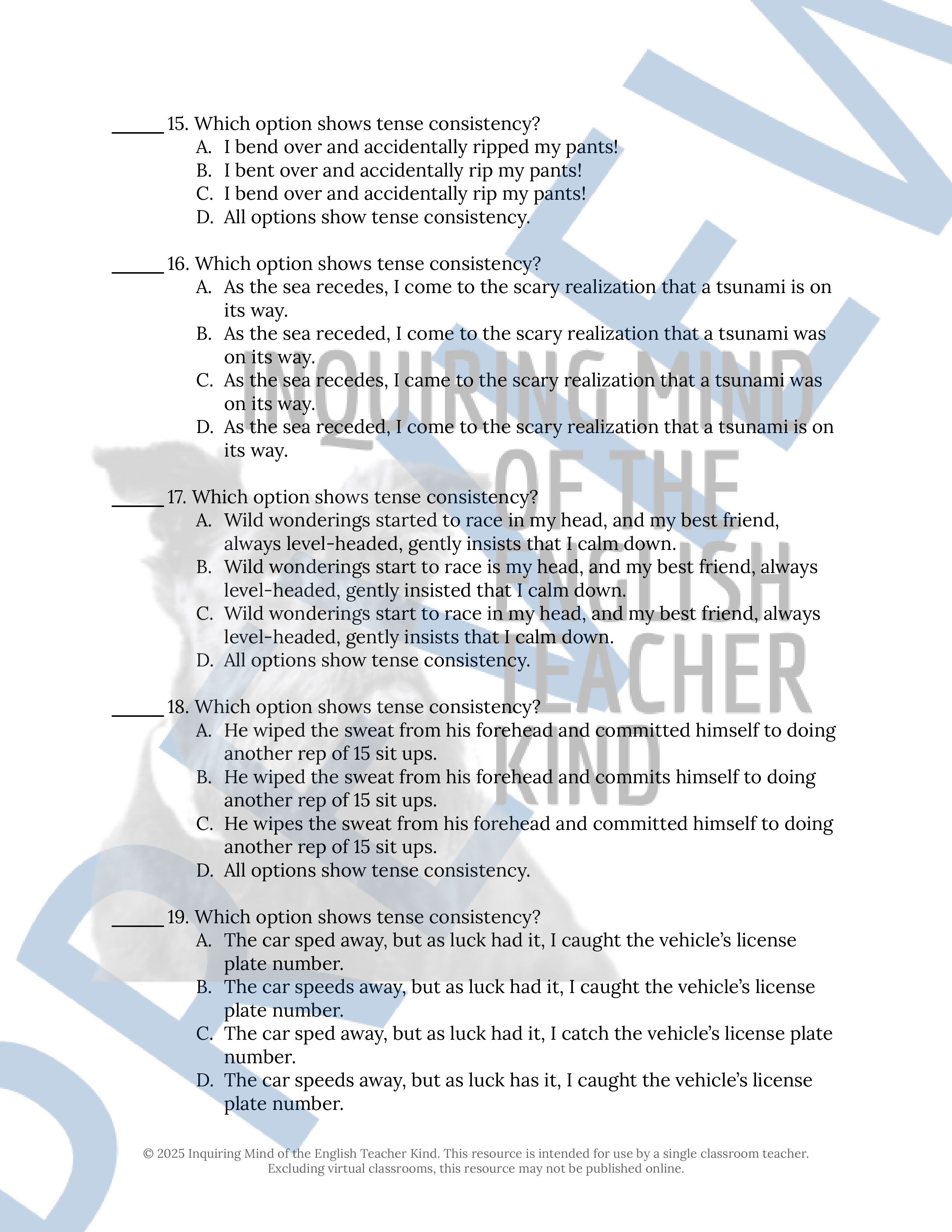 Grammar Practice Worksheet on Resolving Verb Tense Shifts with Answer ...