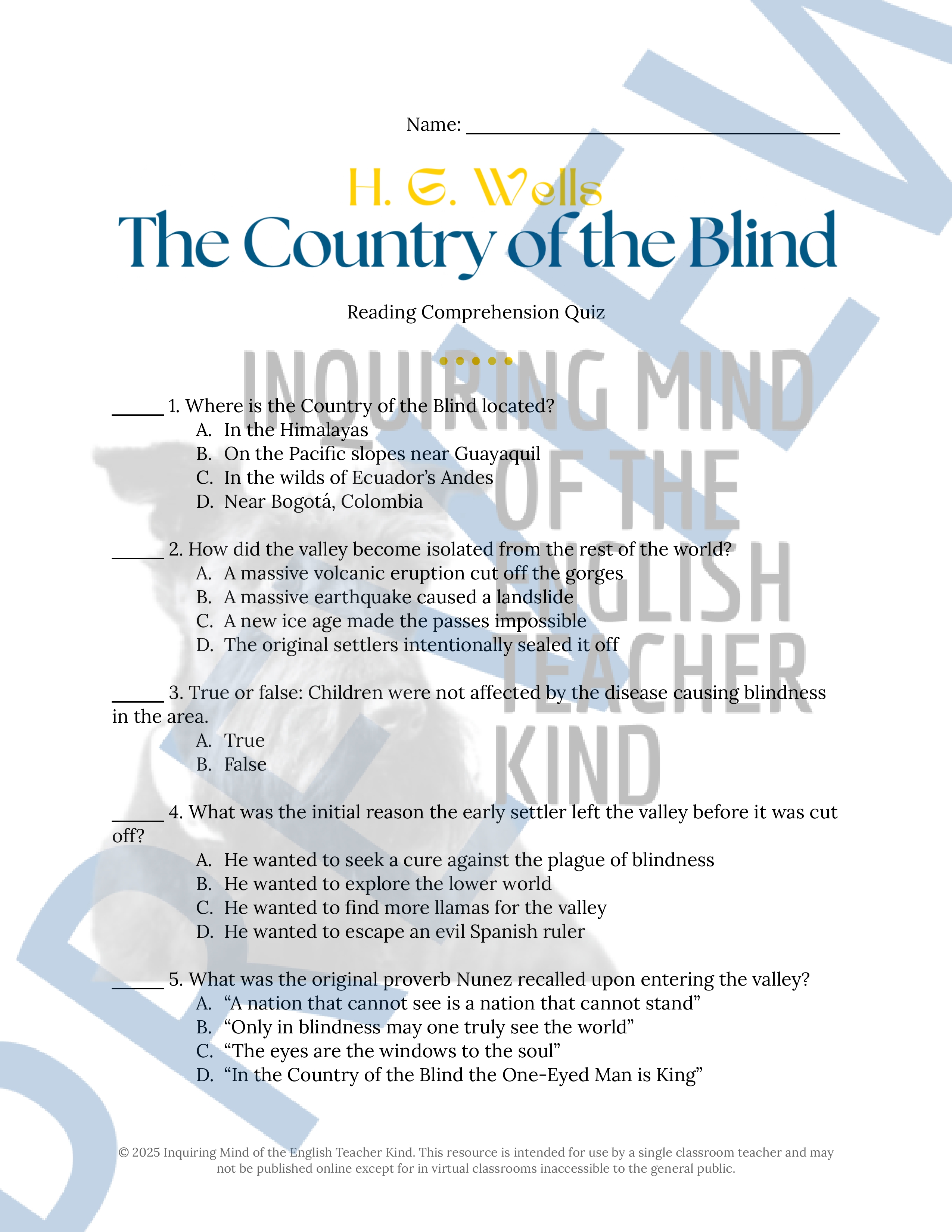 "The Country of the Blind" by H. G. Wells Quiz and Answer Key ...