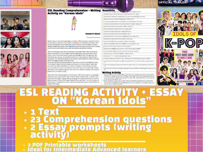 ESL Reading Comprehension + Writing Activity Worksheets on Korean Idols ...