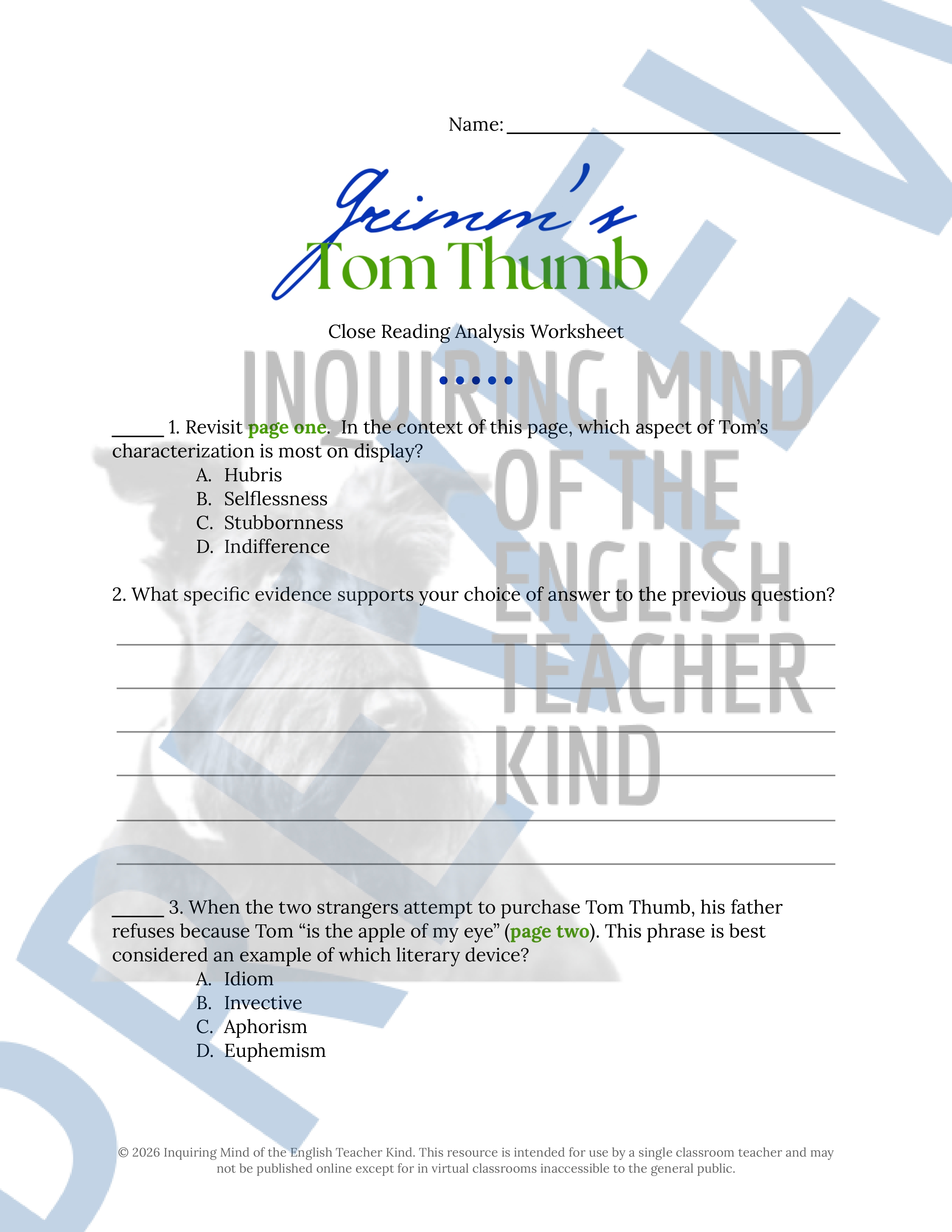 "Tom Thumb" Close Reading Analysis Worksheet | Brothers Grimm Fairy ...