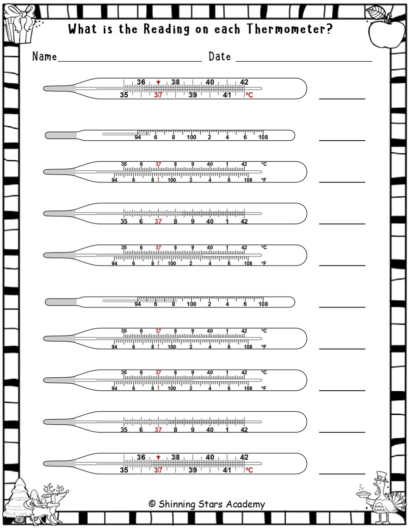 Reading an Oral Glass Thermometer (Fahrenheit & Centigrade) Worksheets | Temperature & Health ...