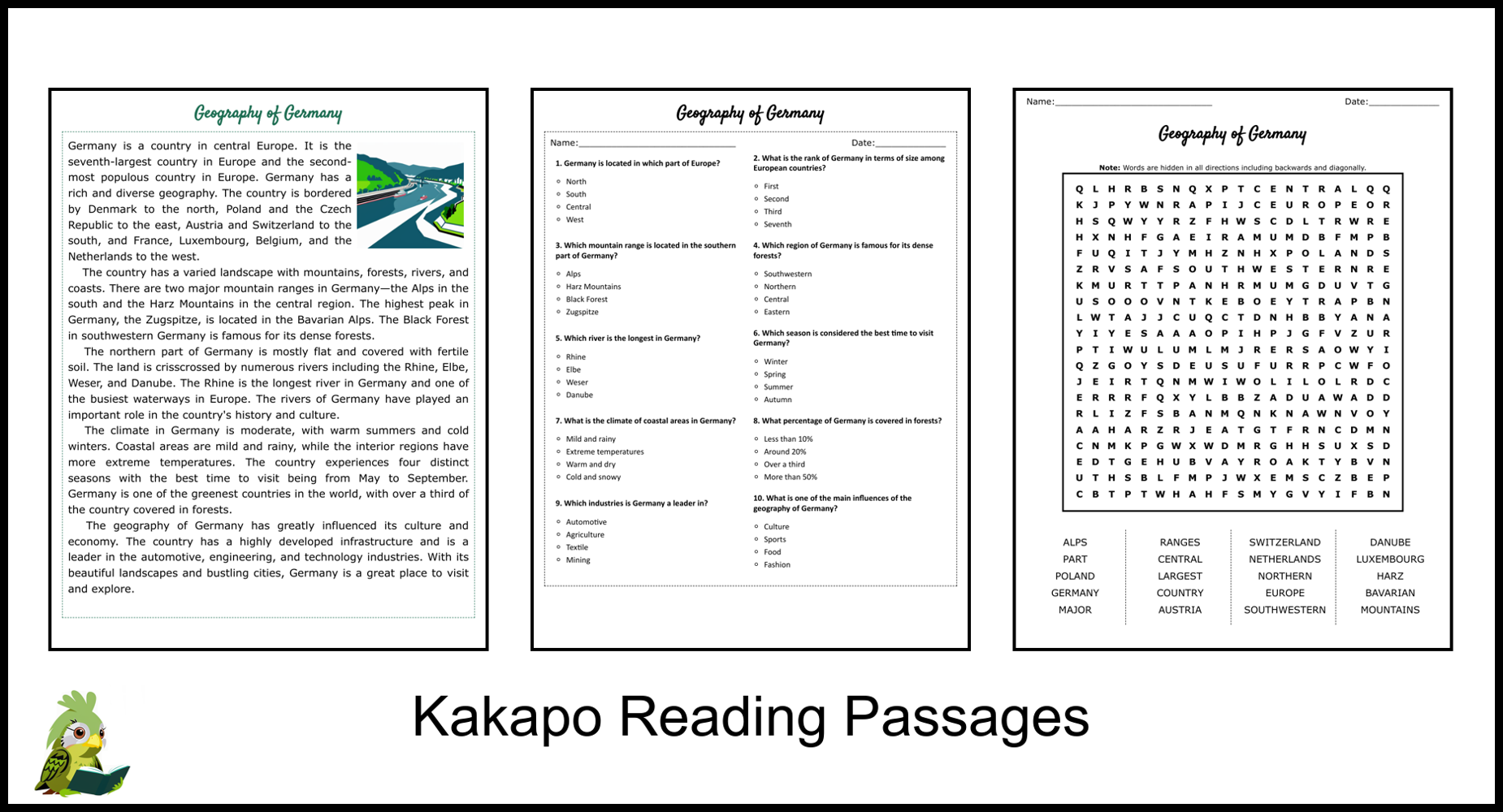 Geography of Germany Reading Comprehension and Word Search | Teaching ...