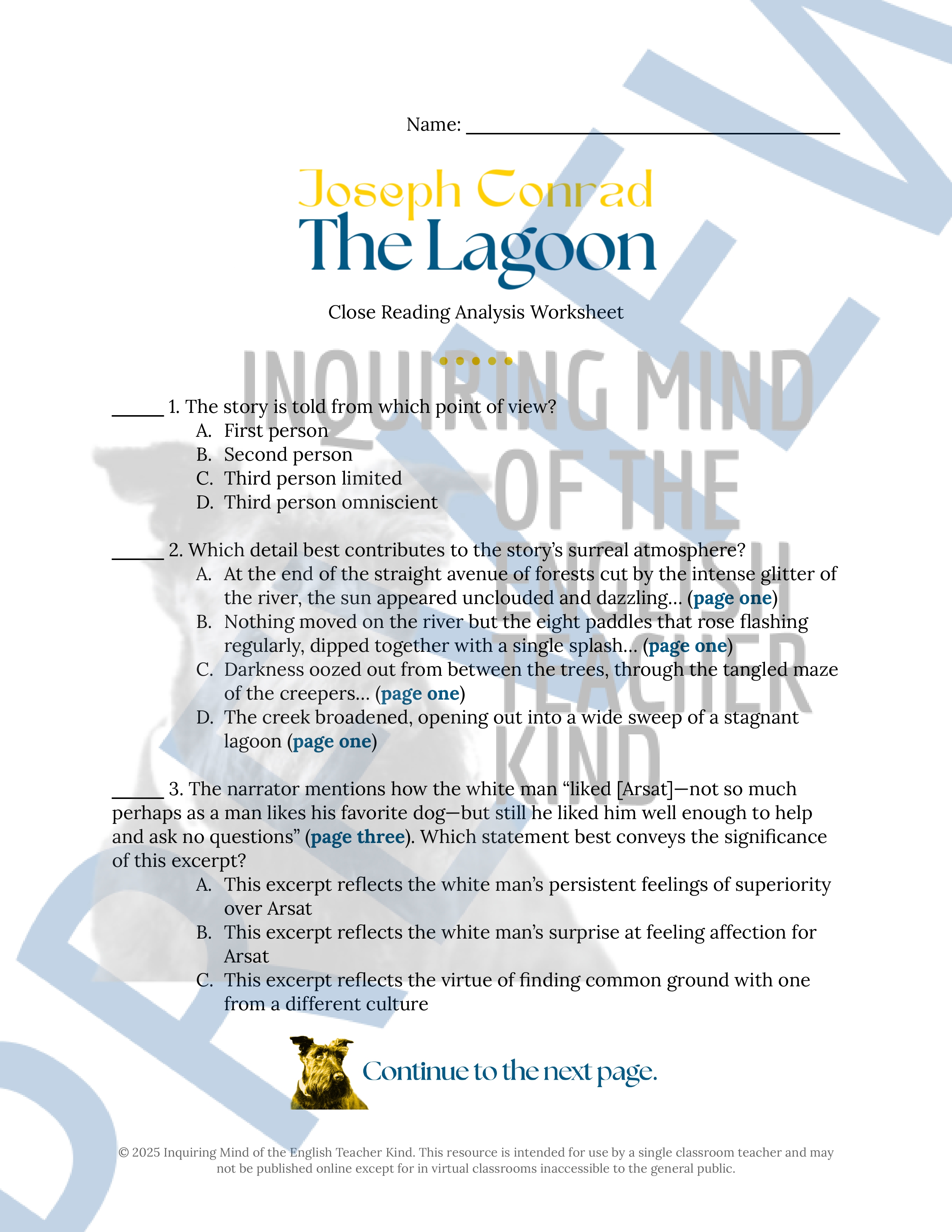 "The Lagoon" by Joseph Conrad Literary Analysis Worksheet | Close ...