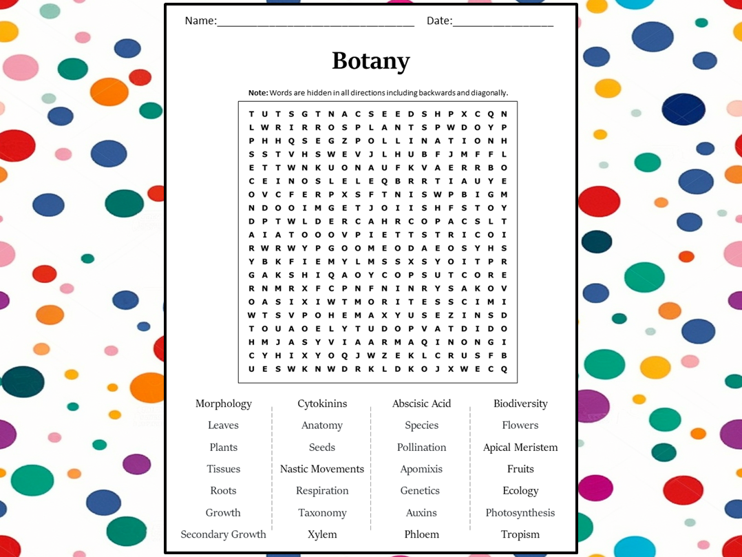 Botany Word Search Puzzle Worksheet Activity Teaching Resources
