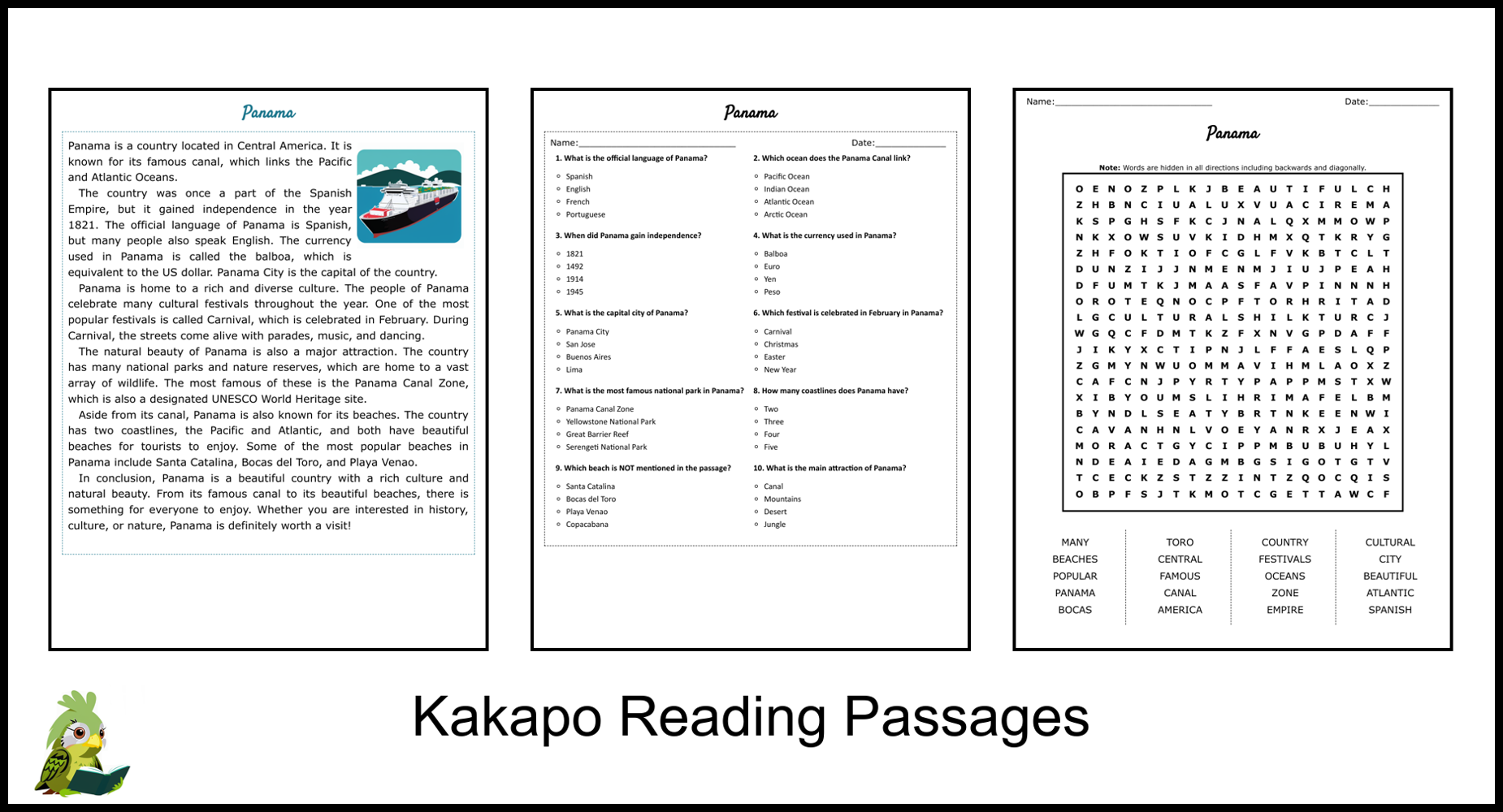 Panama Reading Comprehension and Word Search | Teaching Resources