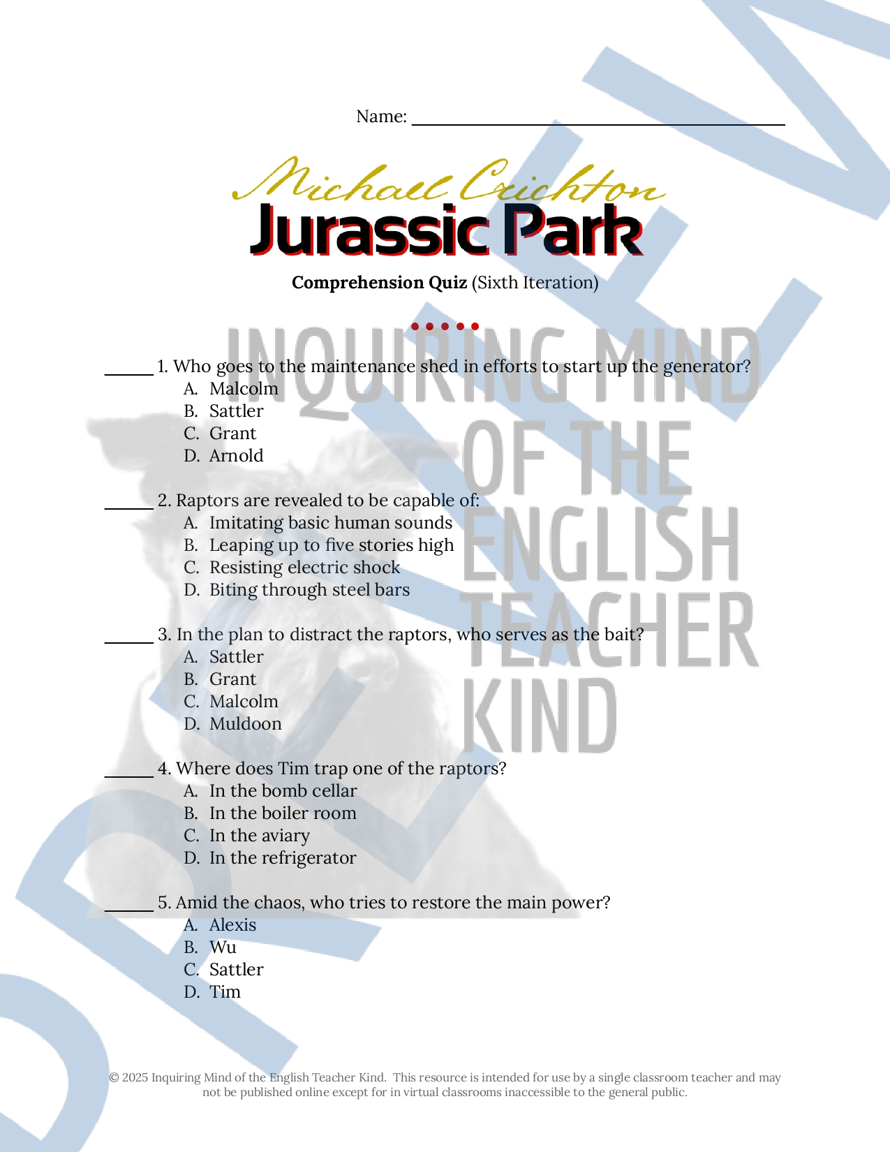 Jurassic Park by Michael Crichton Sixth Iteration Quiz and Answer Key ...