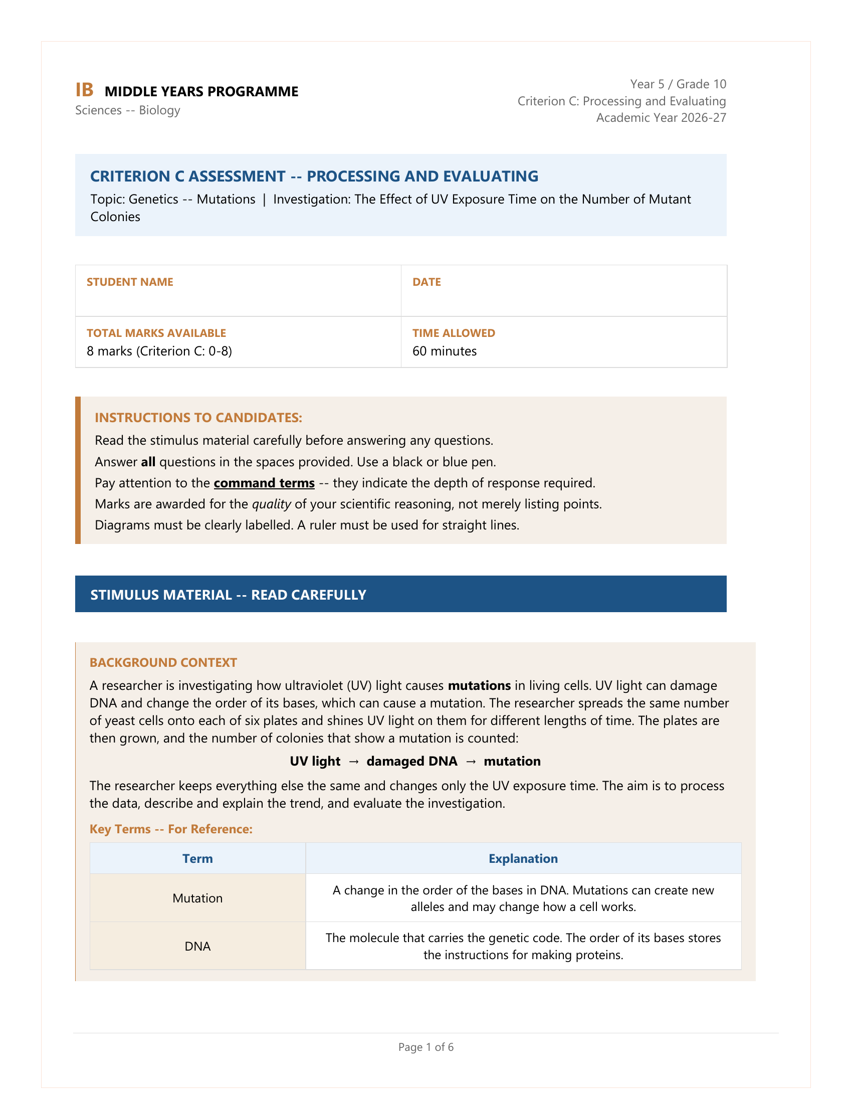 MYP Grade 10 Biology: 3 Criterion C Assessment Tasks - Genetics - 2026 ...