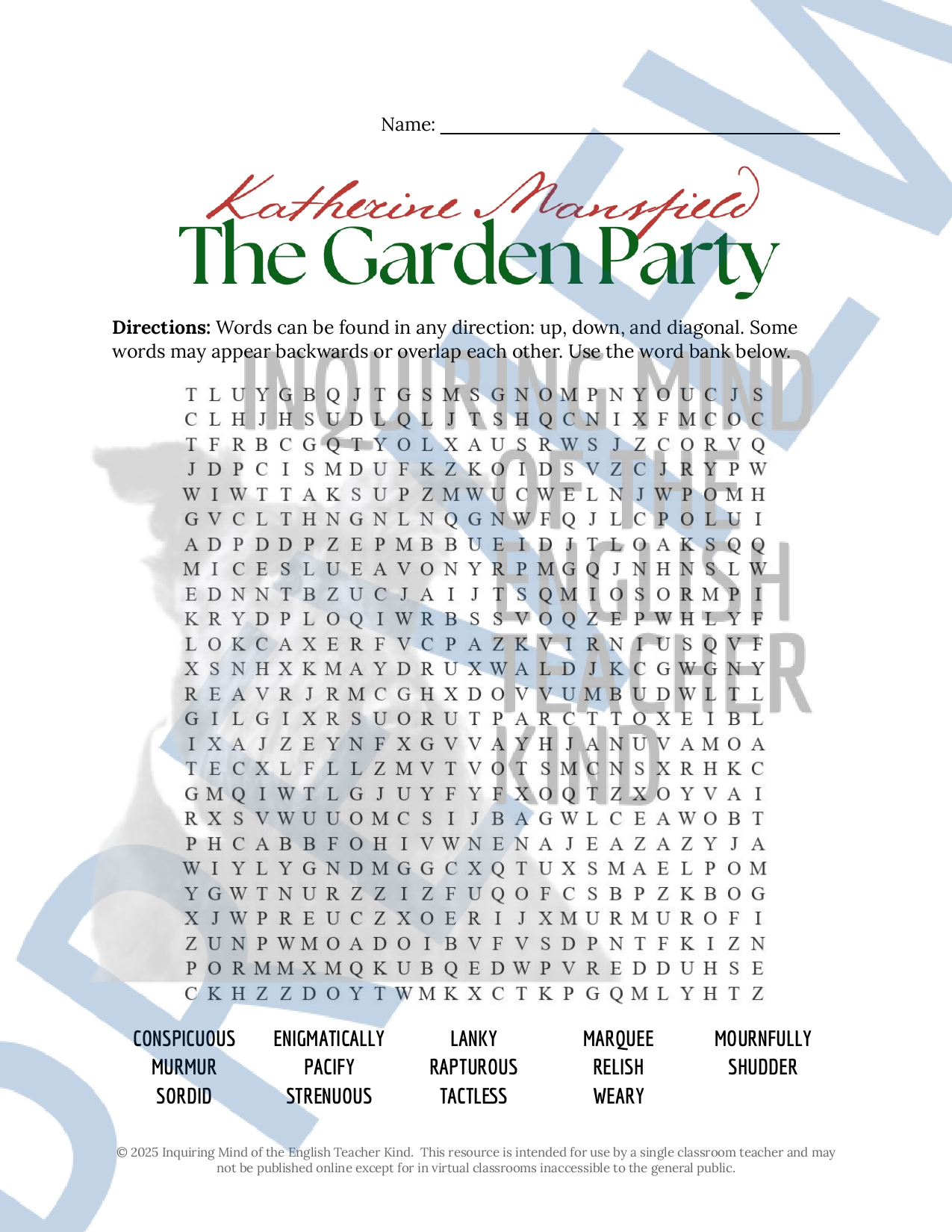 "The Garden Party" by Katherine Mansfield Vocabulary Games and ...