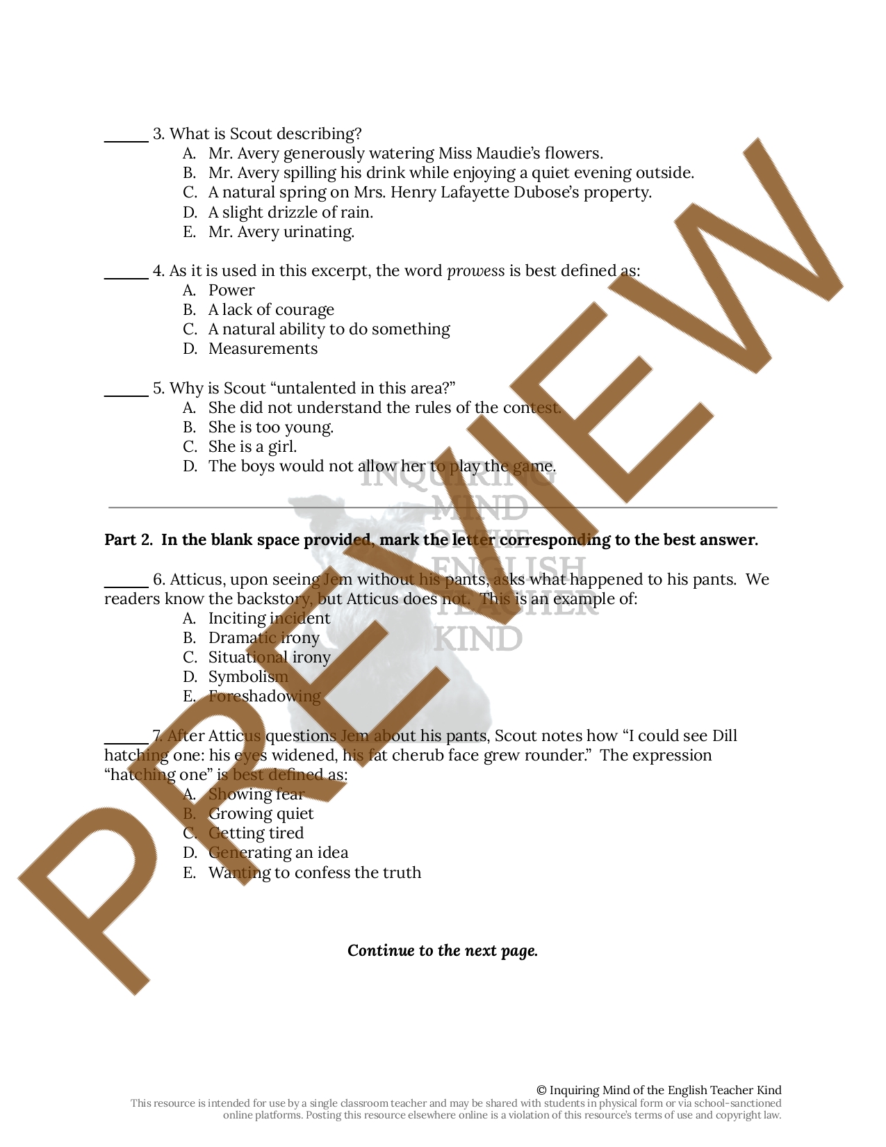 To Kill a Mockingbird Chapter 6 Close Reading Worksheet | Teaching ...