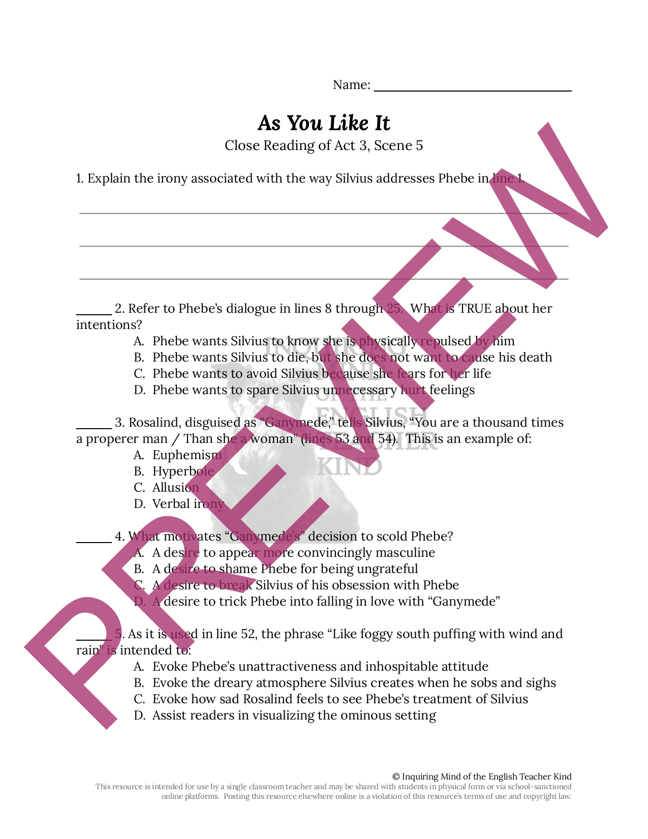 As You Like It Act 3 Scene 5 Close Reading Worksheet | Teaching Resources