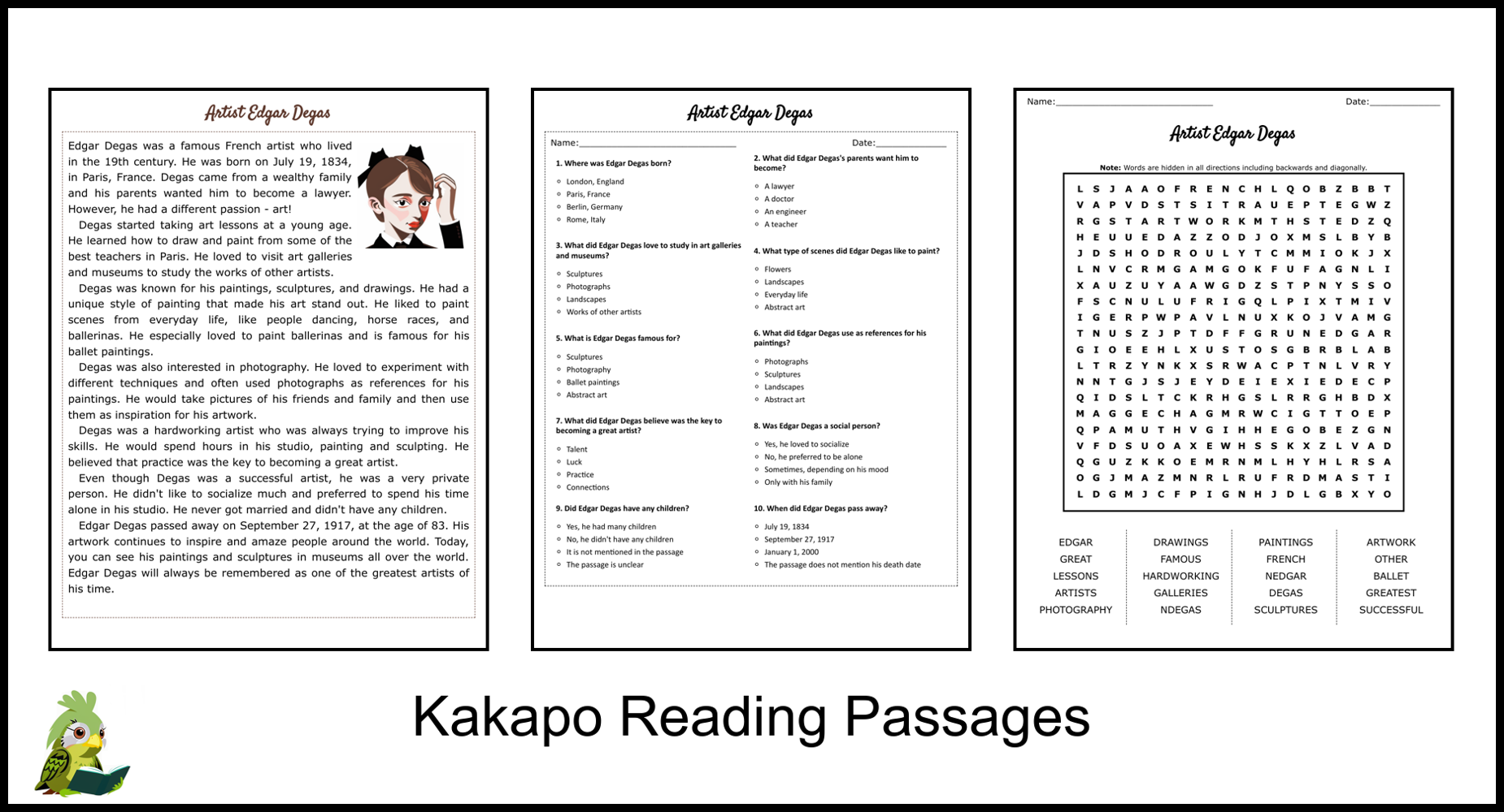 Artist Edgar Degas Reading Comprehension and Word Search | Teaching ...