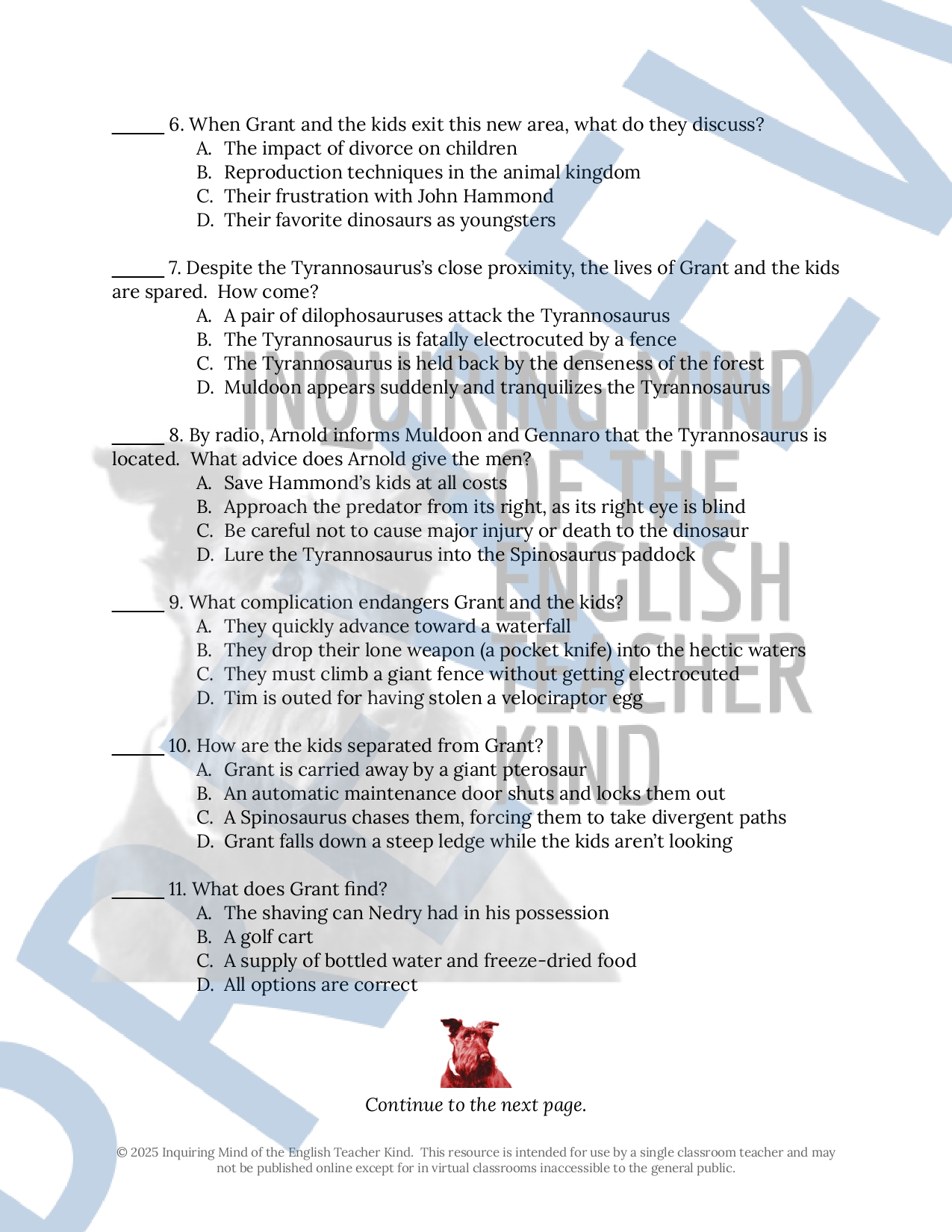 Jurassic Park by Michael Crichton Fifth Iteration Quiz and Answer Key ...