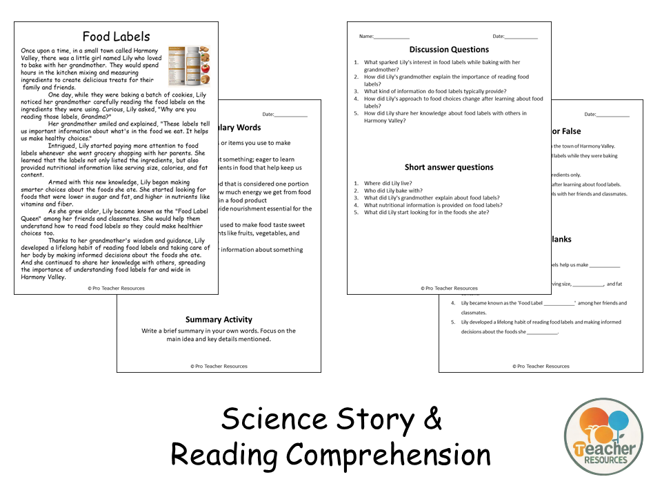 Food Labels Reading Science Story Comprehension Questions Worksheet ...
