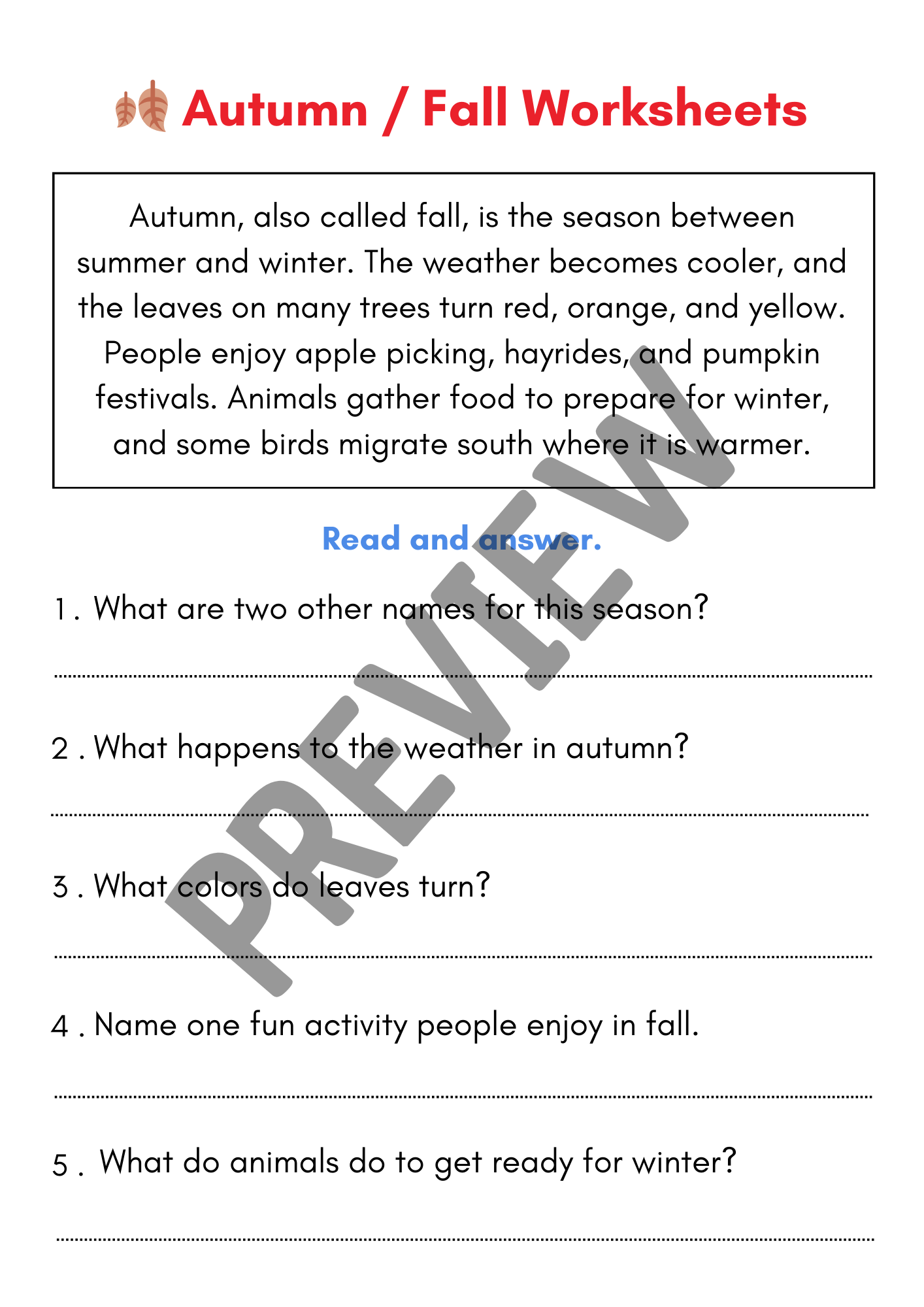 Fall Reading Comprehension Passages and Questions Autumn Short Stories ...