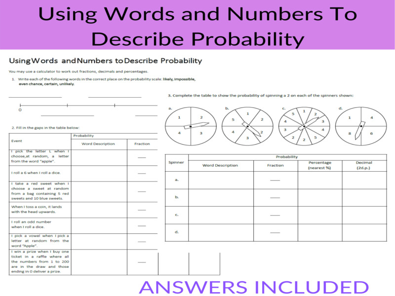 Probability-Using Words and Numbers to Describe Probability | Teaching ...
