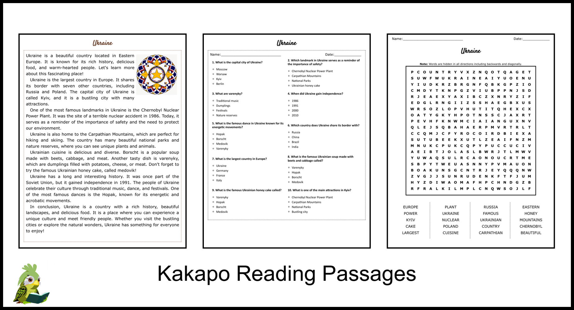Ukraine Reading Comprehension and Word Search | Teaching Resources