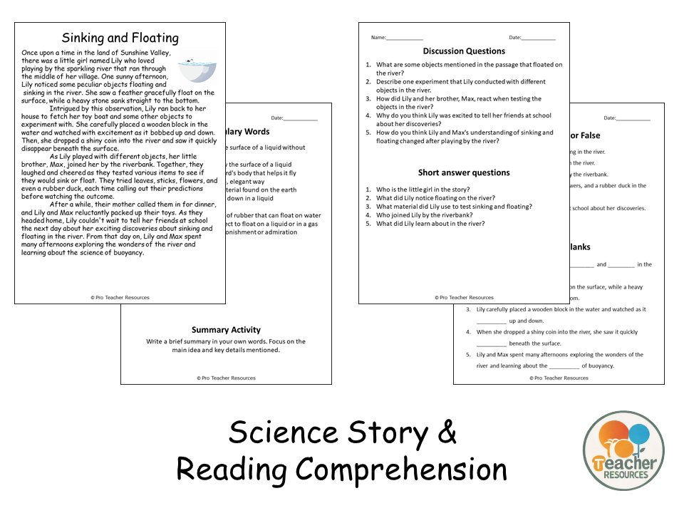 Sinking and Floating Reading Science Story Comprehension Questions ...