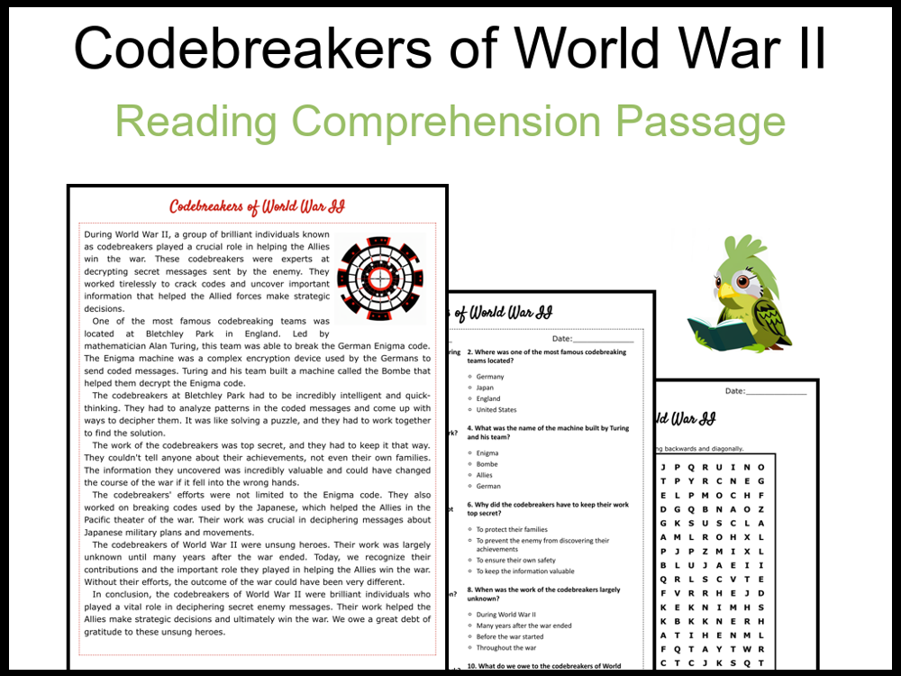 Codebreakers of World War II Reading Comprehension and Word Search ...