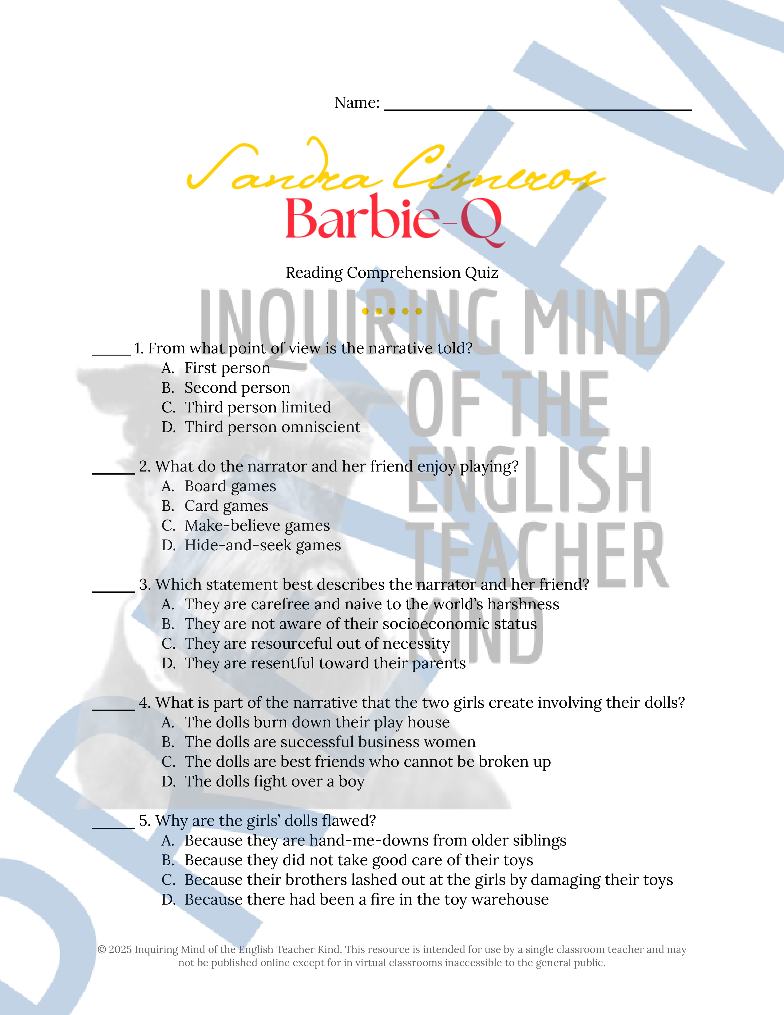 "Barbie-Q" by Sandra Cisneros Quiz and Key | Coming of Age Short Story | Teaching Resources